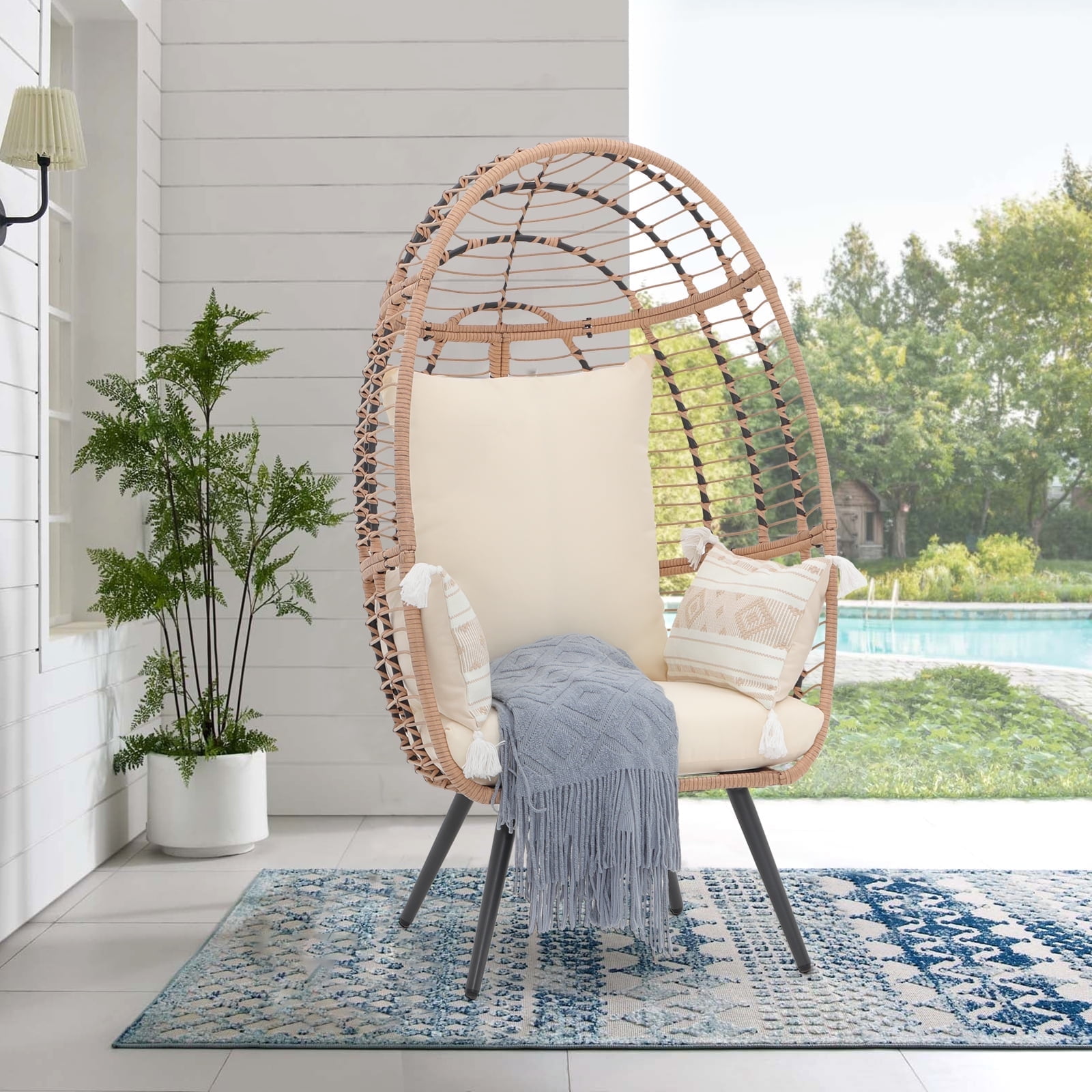 JOIVI Wicker Egg Chair, Indoor Outdoor Oversized Chair with Stand and ...