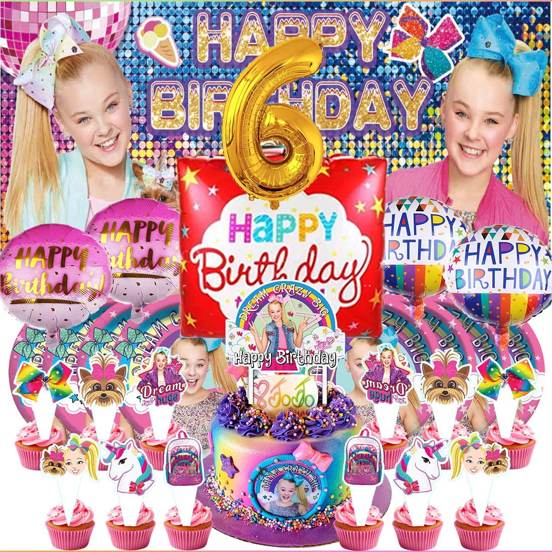 JOJO Siwa 6th Tableware Balloons Cake Toppers Backdrop Banner Supplies ...
