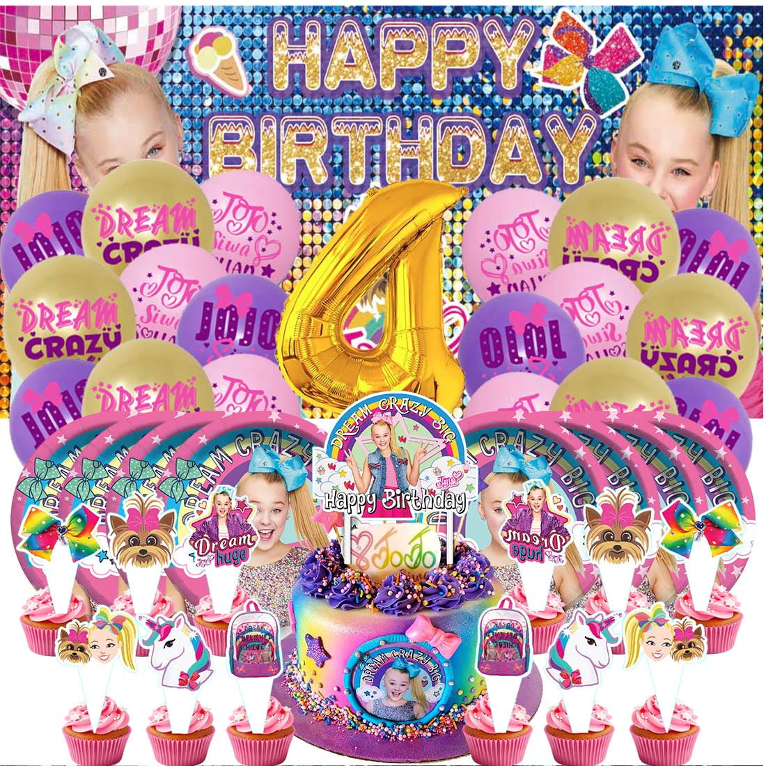 JOJO Siwa Balloons Party Supplies 4th Decor Tableware Birthday Cake ...