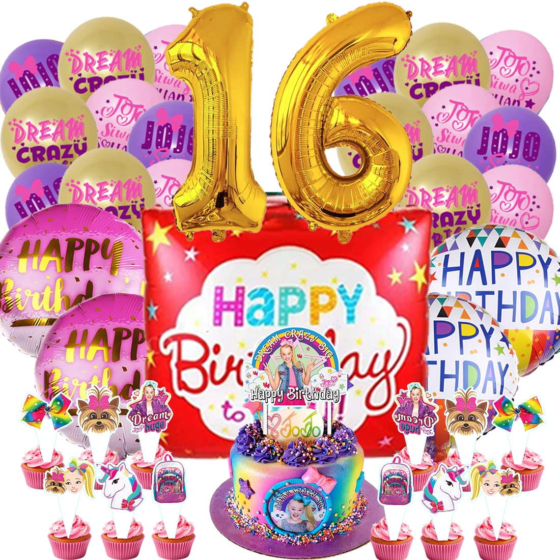 JOJO Siwa Party Supplies 16th Decor Kit Balloons Birthday Cake Topper ...