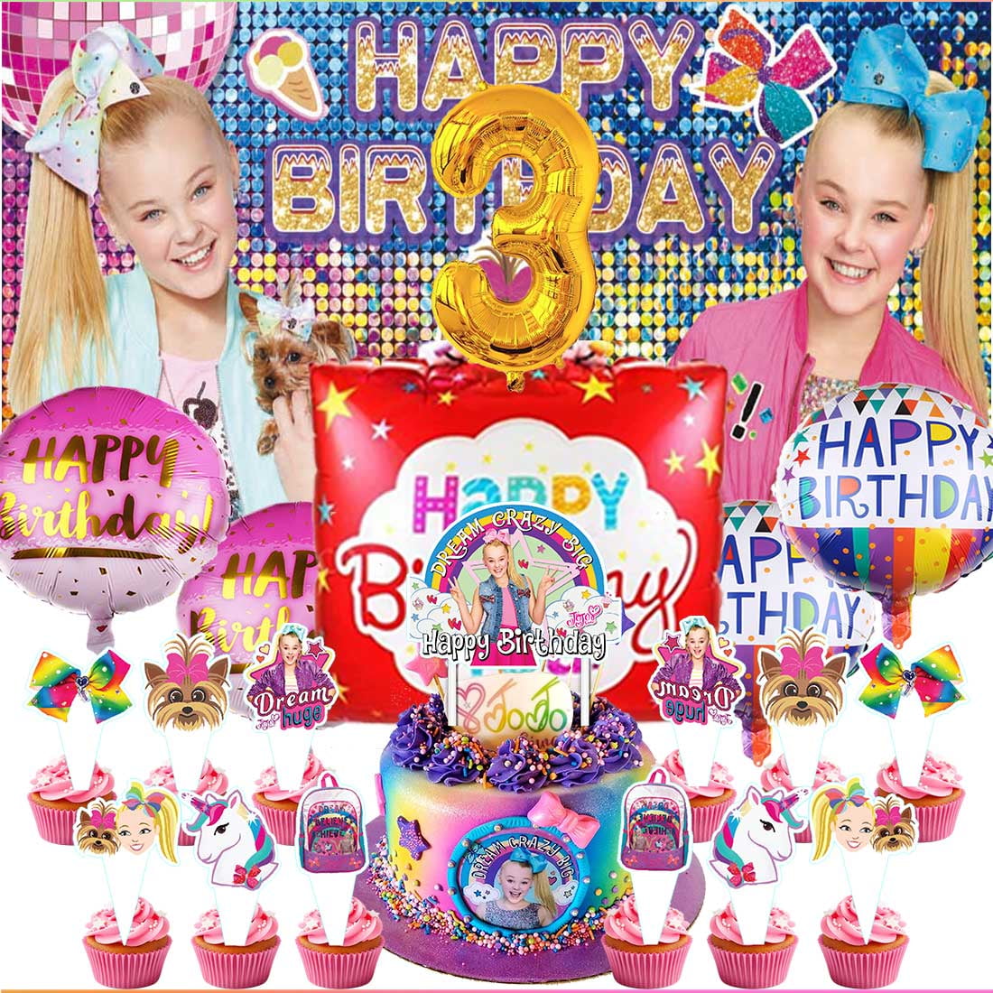 JOJO Siwa Party Supplies Decor 3rd Kit Balloons Birthday Cake Topper ...