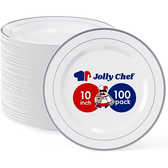 JOLLY CHEF 100 Pieces Silver Plastic Plates, 10 Inch Disposable Plates ...