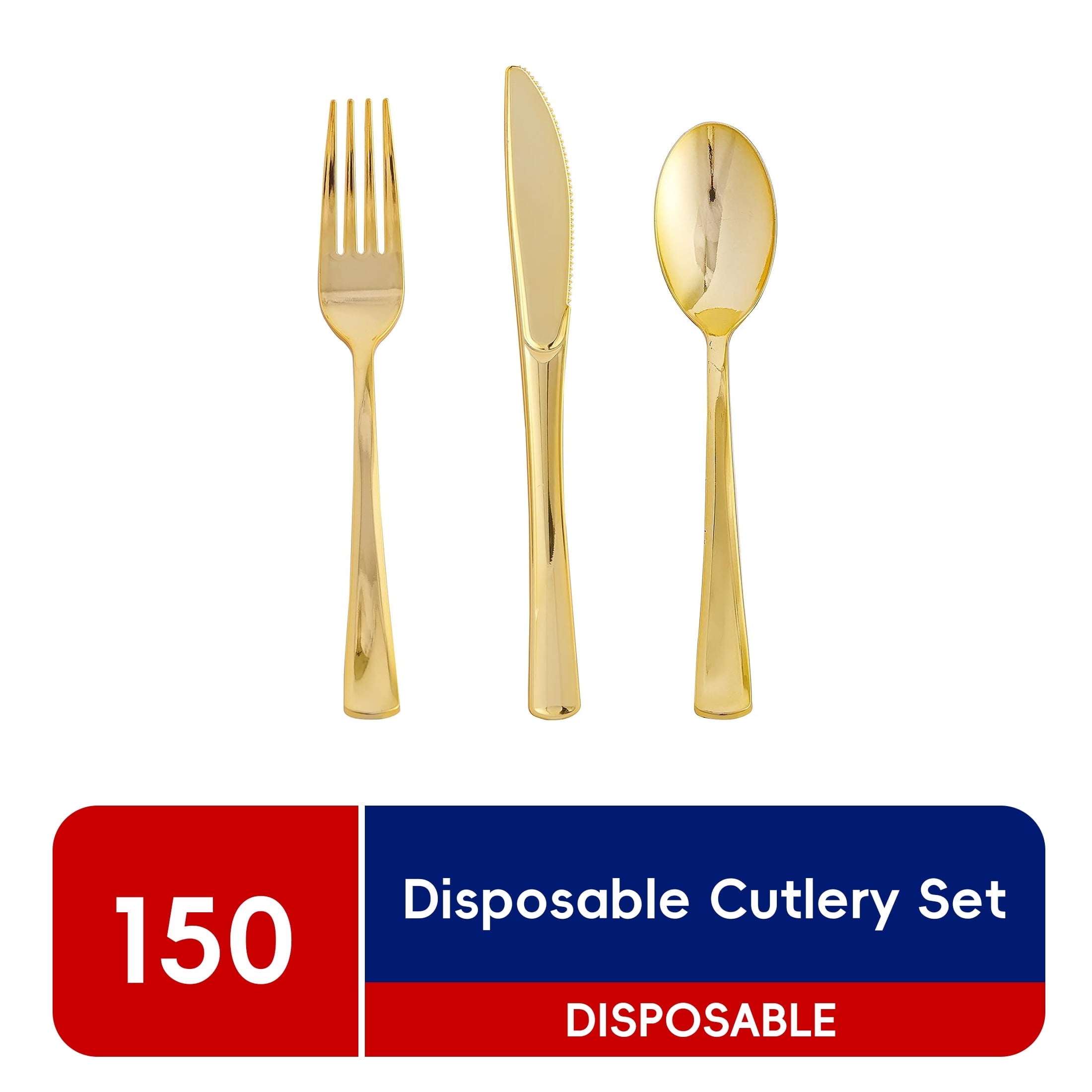 JOLLY CHEF 150 Count Gold Plastic Silverware Set - 50 Forks, 50 Knives ...