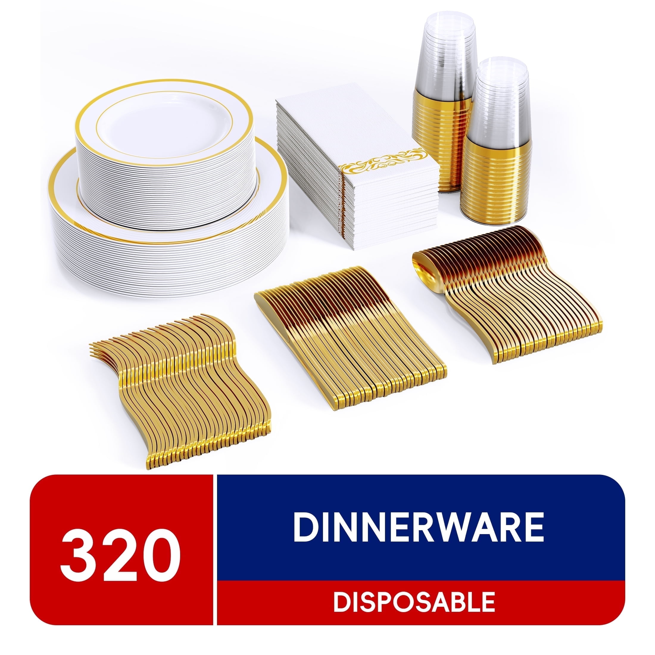 JOLLY CHEF 320 Piece Gold Rim Disposable Plastic Plates Dinnerware Sets ...