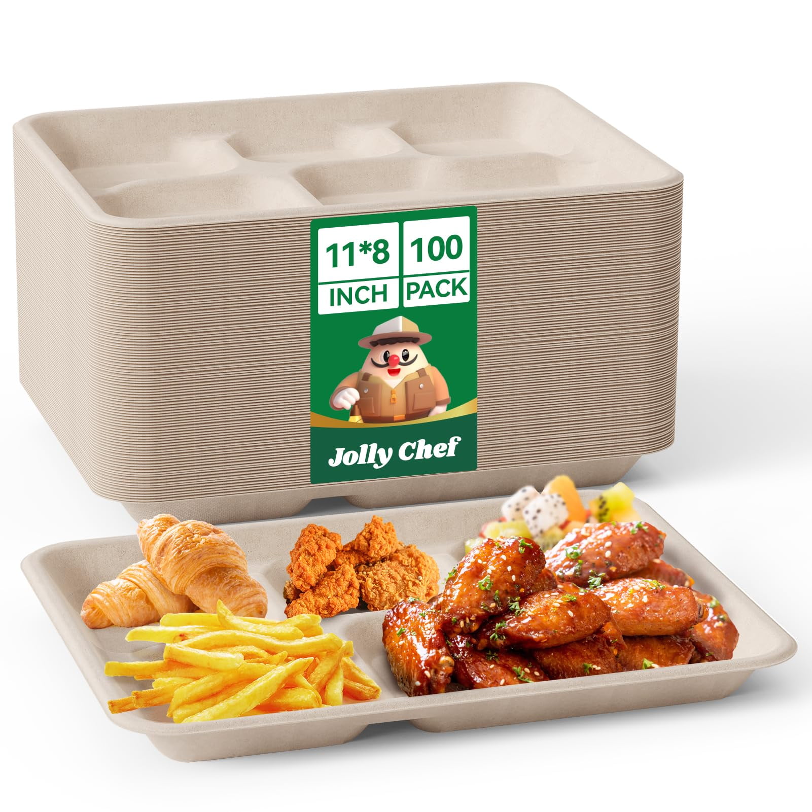 JOLLY CHEF Compostable 𝟱 Compartment Paper AFN1Plates 𝟭𝟭 * 𝟴 𝗶𝗻𝗰𝗵 [𝟭𝟬𝟬 ...
