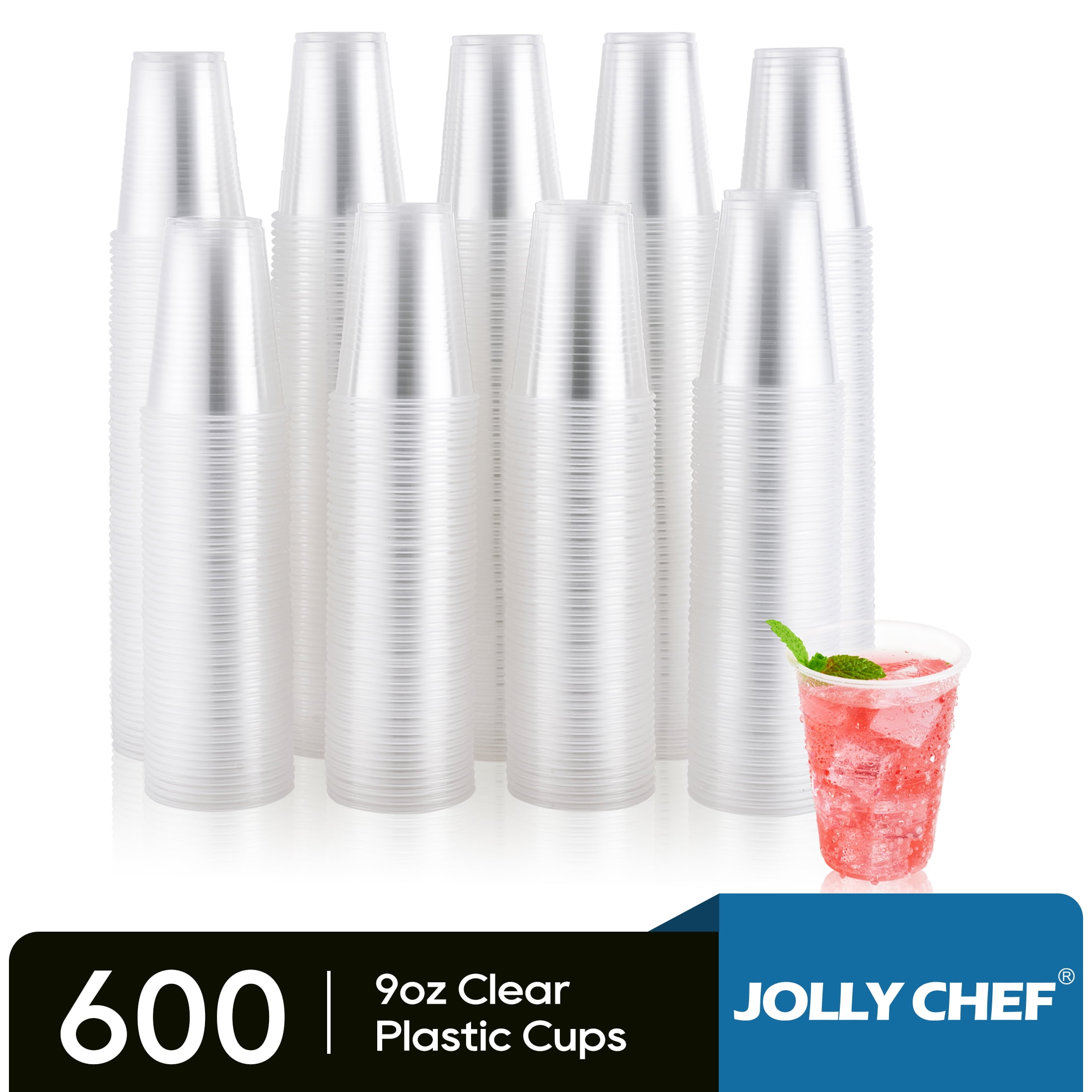 JOLLY CHEF 9 oz Clear Disposable Plastic Cups, Durable for Parties, 600 ...