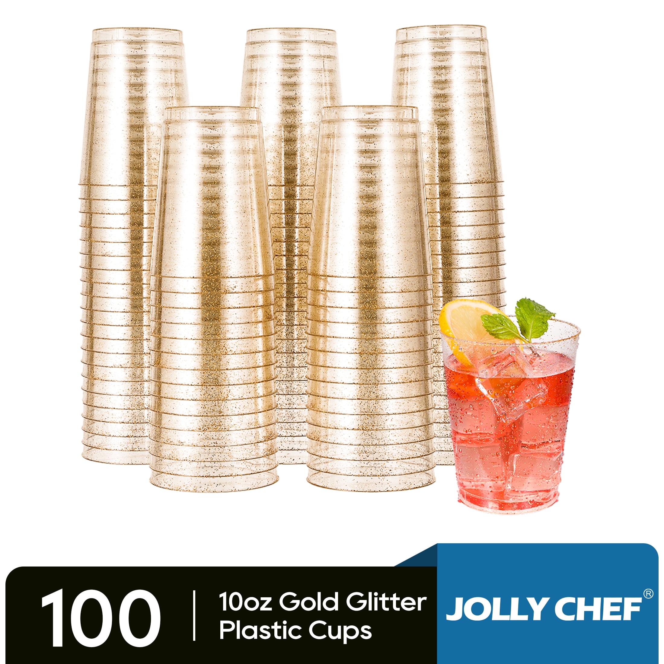 JOLLY CHEF 10oz Gold Glitter Disposable Plastic Cups, 100Pack for Desserts & Drinks - Walmart.com