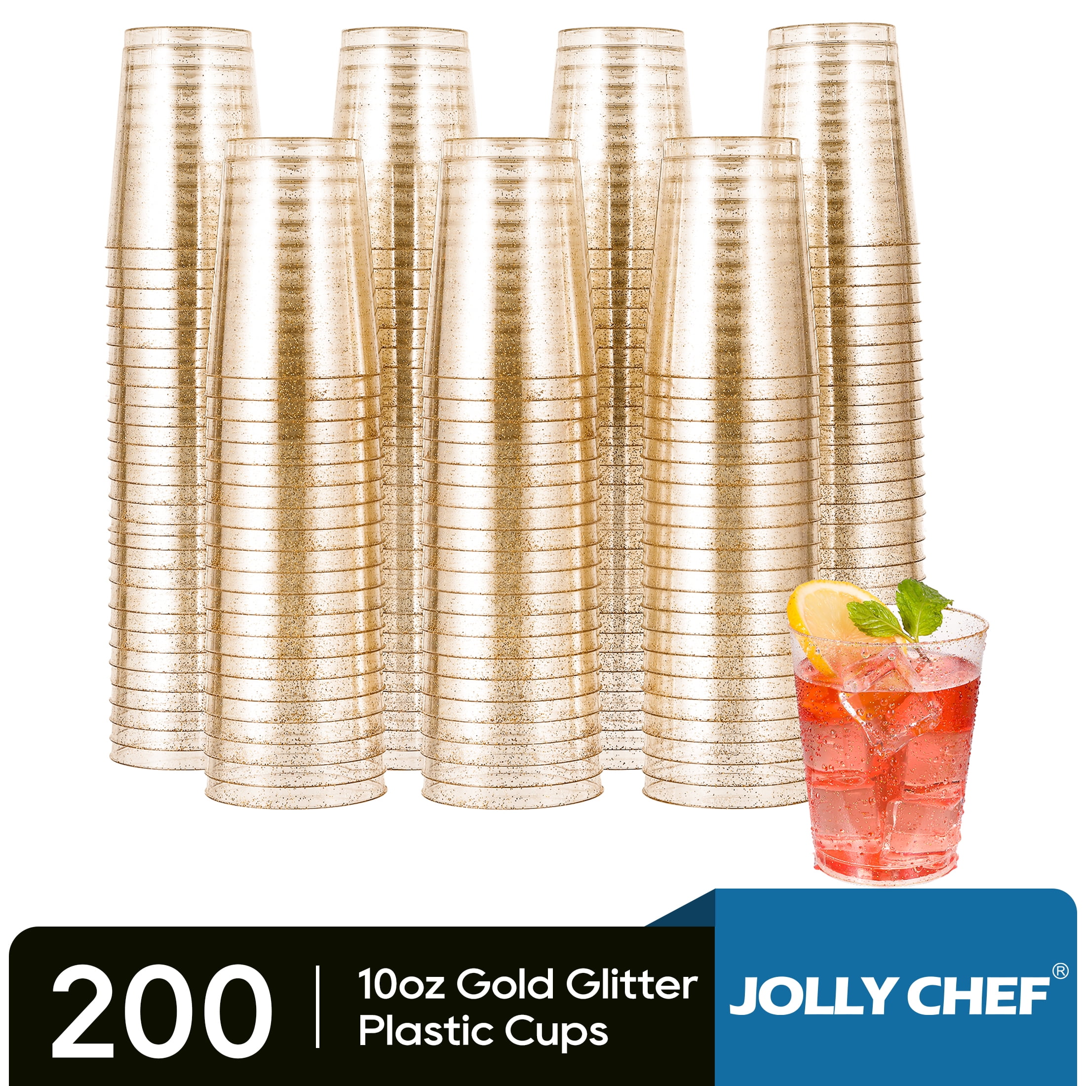 JOLLY CHEF 10oz Gold Glitter Disposable Plastic Cups, 200Pack for ...