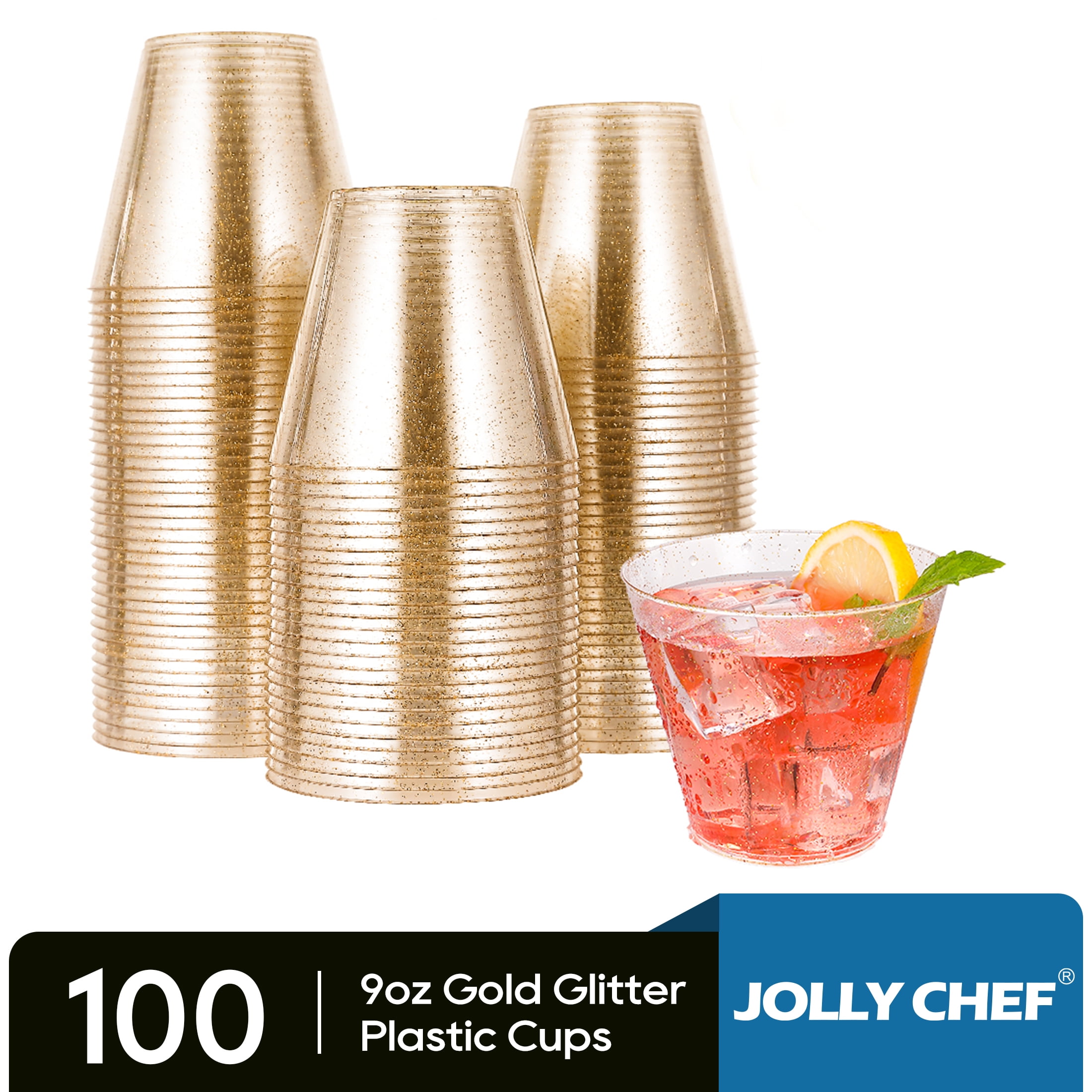 JOLLY CHEF 100Pack, 9oz Gold Glitter Disposable Plastic Cups for Desserts - Walmart.com