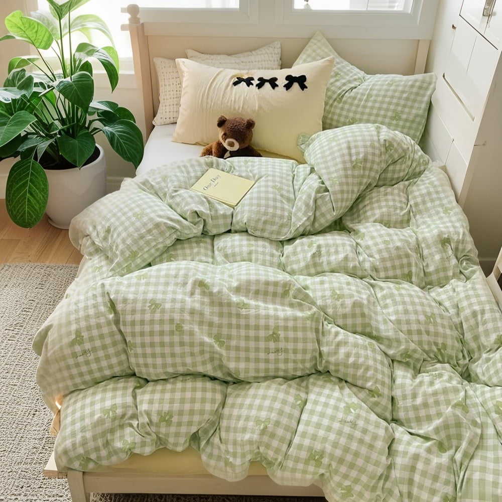 JOLUSERE 2-Piece Green White Plaid Bows Comforter Twin Set , Soft Fresh ...