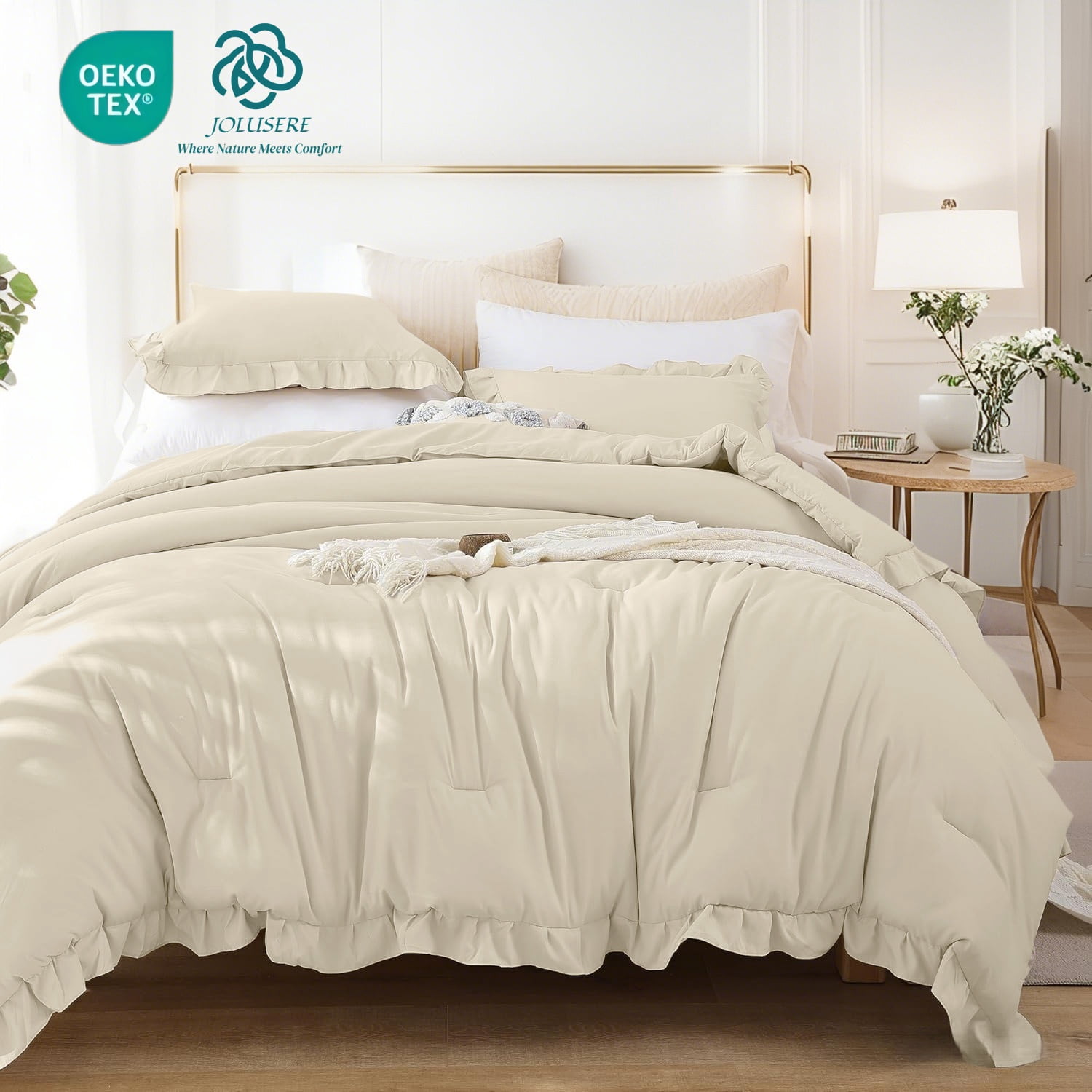JOLUSERE Beige Ruffled Comforter Set King 3PCS Vintage Shabby Chic ...