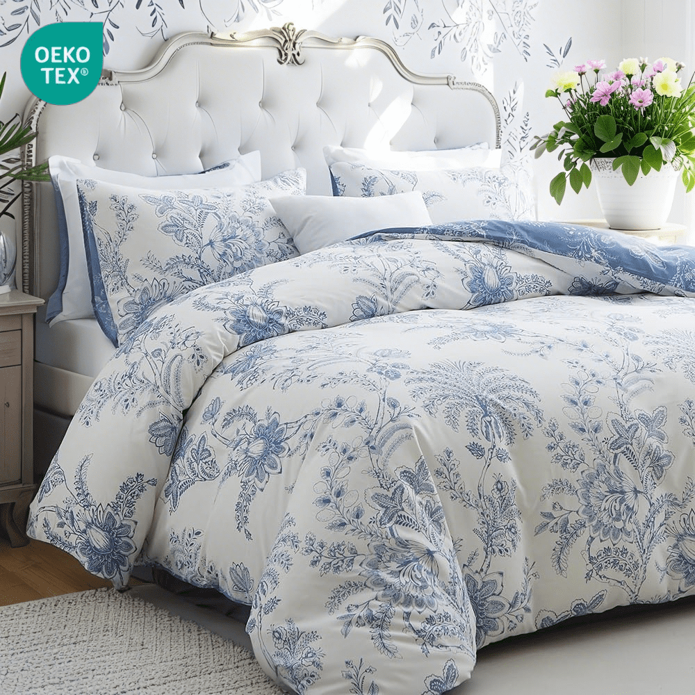 JOLUSERE Blue White Floral Leaves King Comforter Sets, 3 Pieces ...