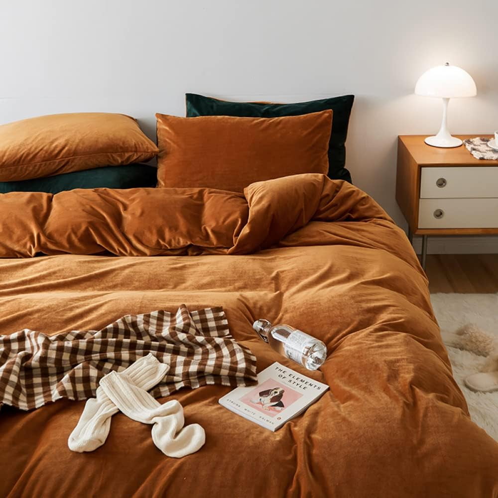 JOLUSERE Caramel Grey Velvet Duvet Cover King Set, 3-Piece Ultra Soft ...