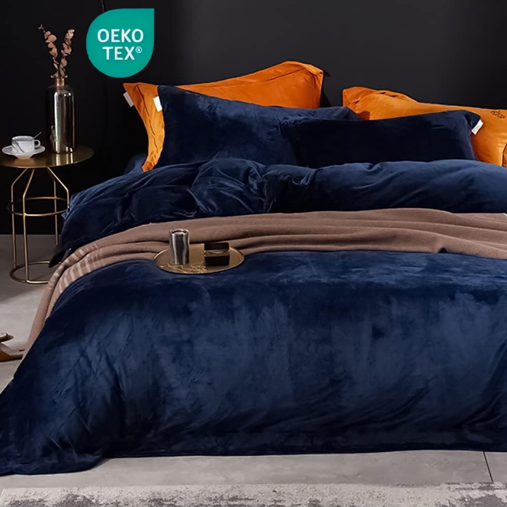 JOLUSERE Navy Blue Velvet Duvet Cover Queen Set, 3-Piece Ultra Soft ...