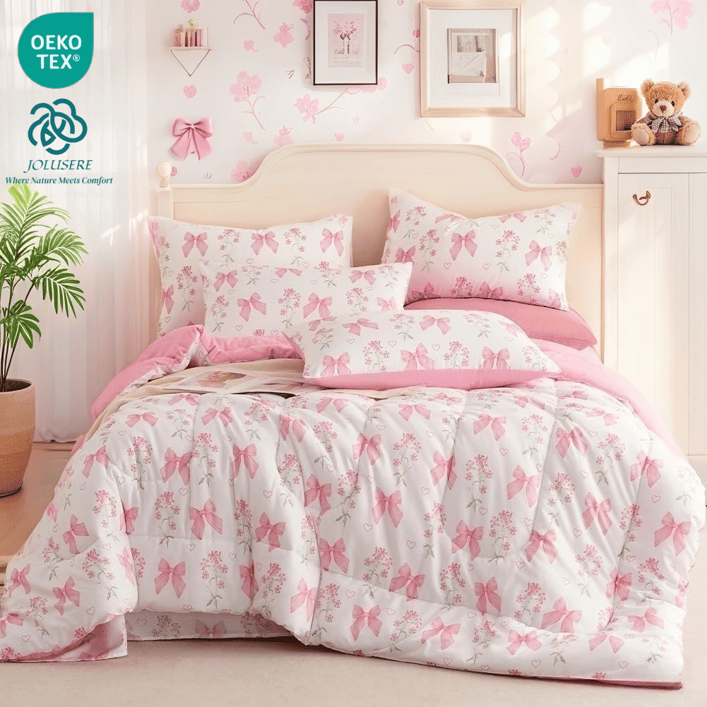 JOLUSERE Pink Bowknot Girls Queen Comforter Set, 3 Pieces Pink Bows ...