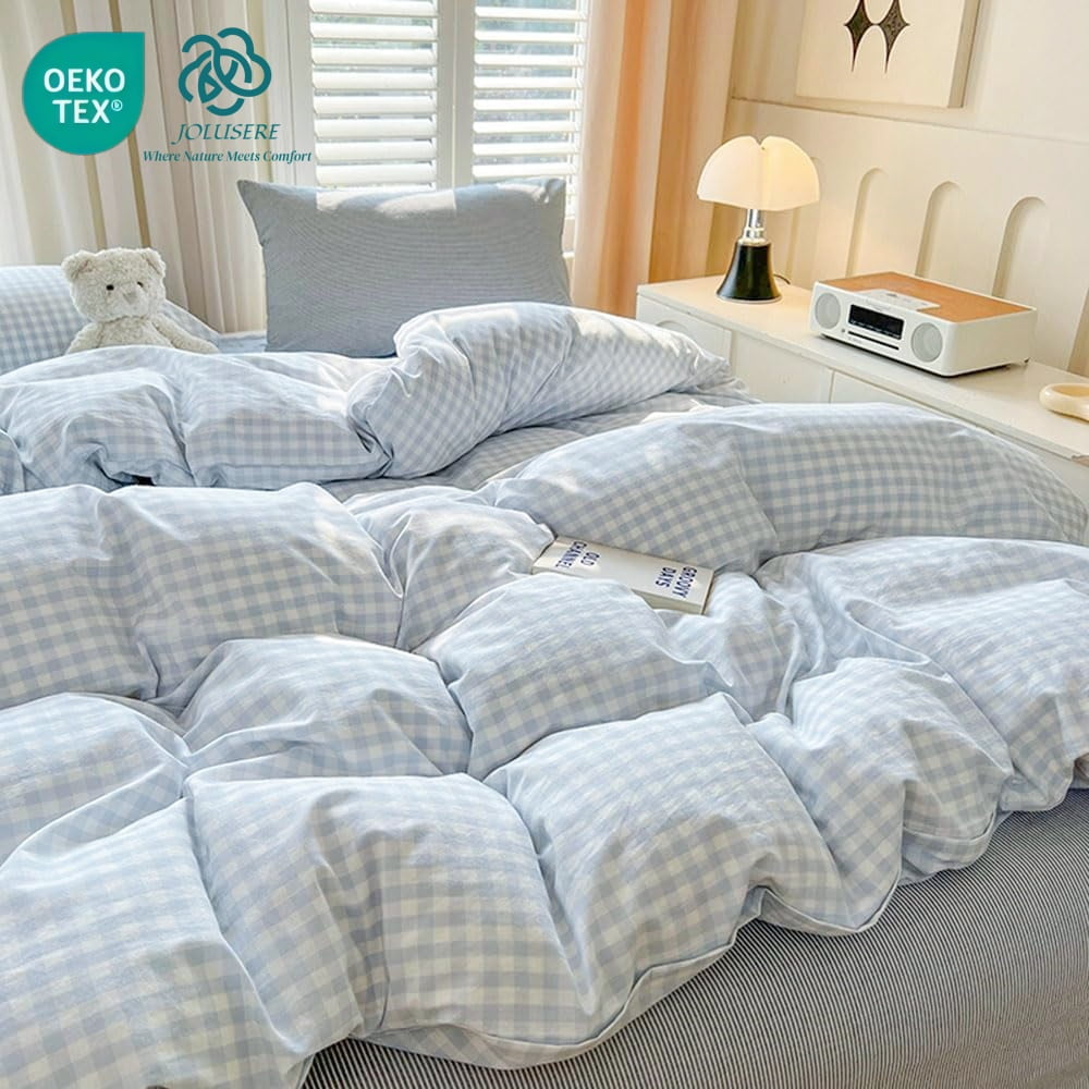 JOLUSERE Soft Blue White Plaid Comforter Full Sets, 3 Pieces Breathable ...