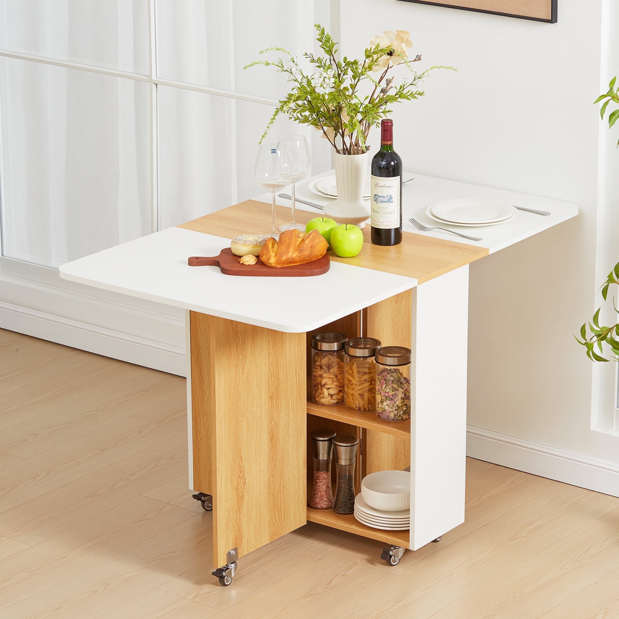 JOMEED White & Wood Grain Foldable Dining Table with 6 Wheels, Drawer ...