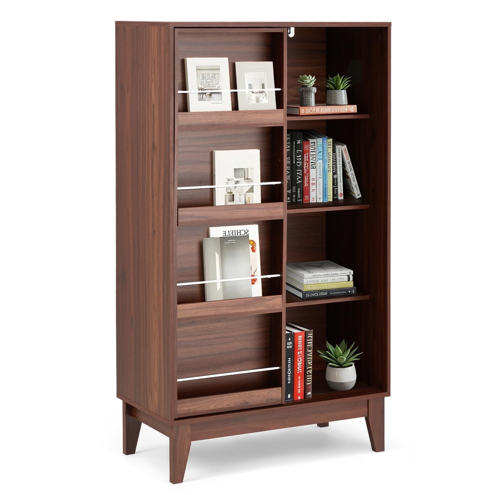 JOMEED 4 Tier Bookshelf with Sliding Door and Magazine Rack, Double ...
