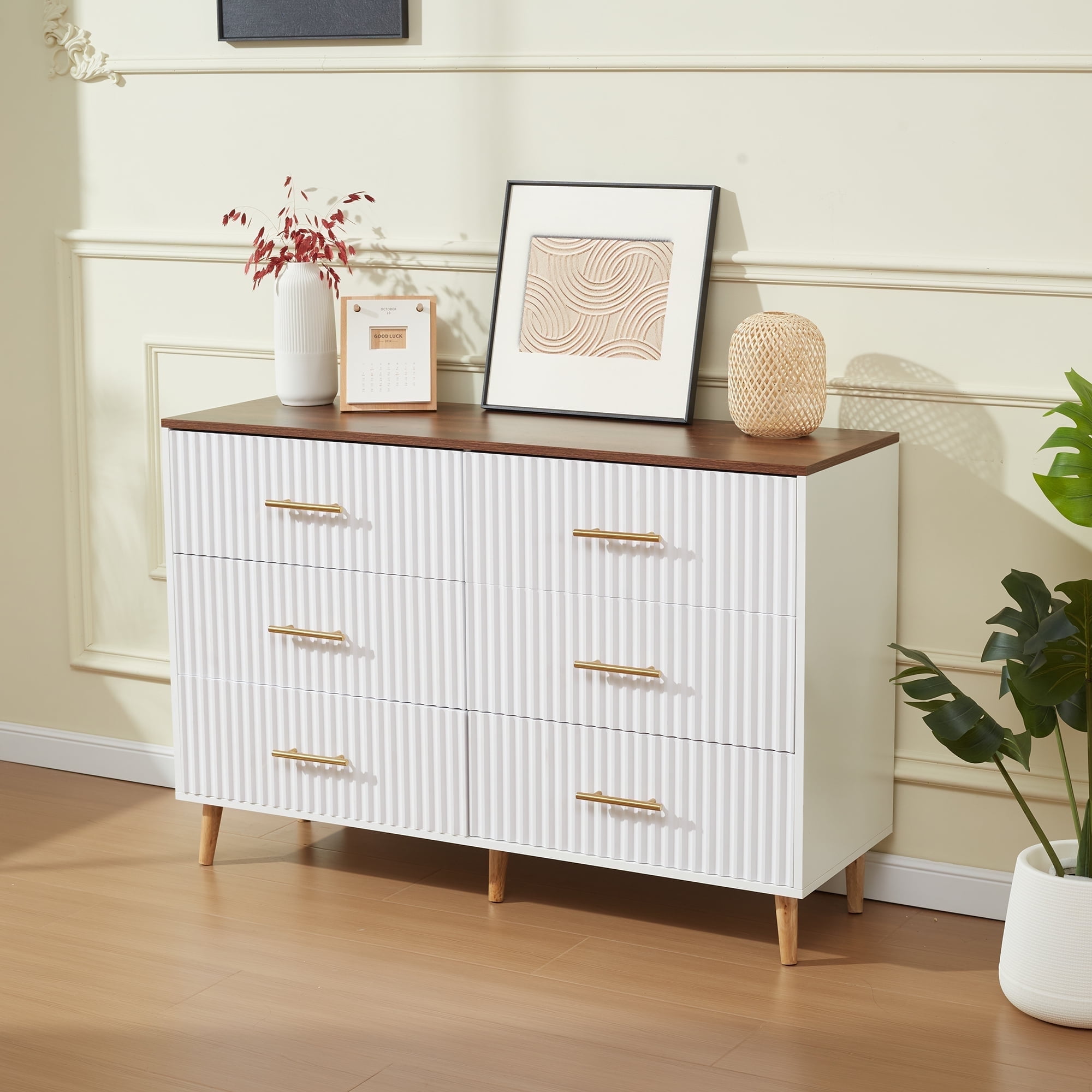 JOMEED 48"Wide Fluted 6 Drawers Dresser for Bedroom, Living Room ...