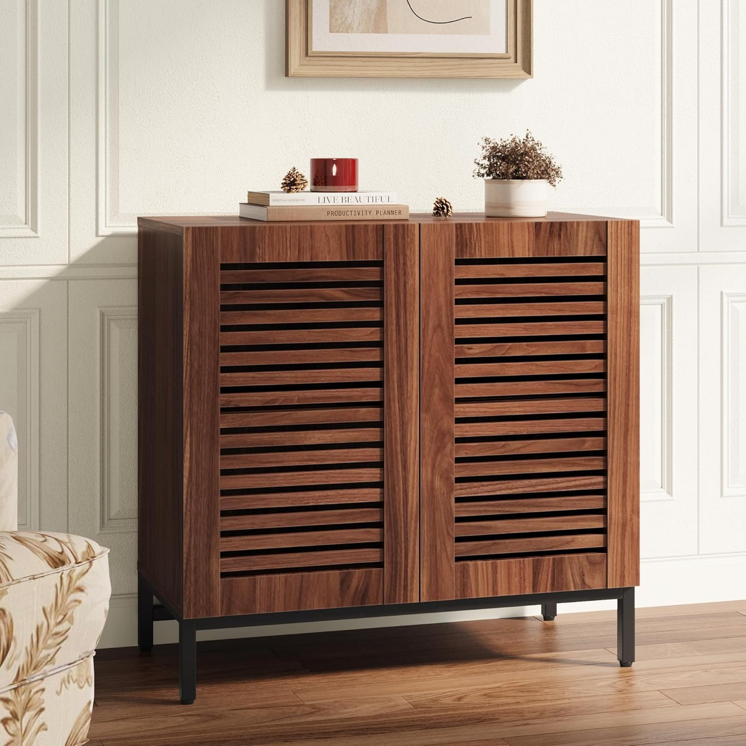 JOMEED Buffet Sideboard Cabinet with Grille-Striped Doors & Adjustable ...
