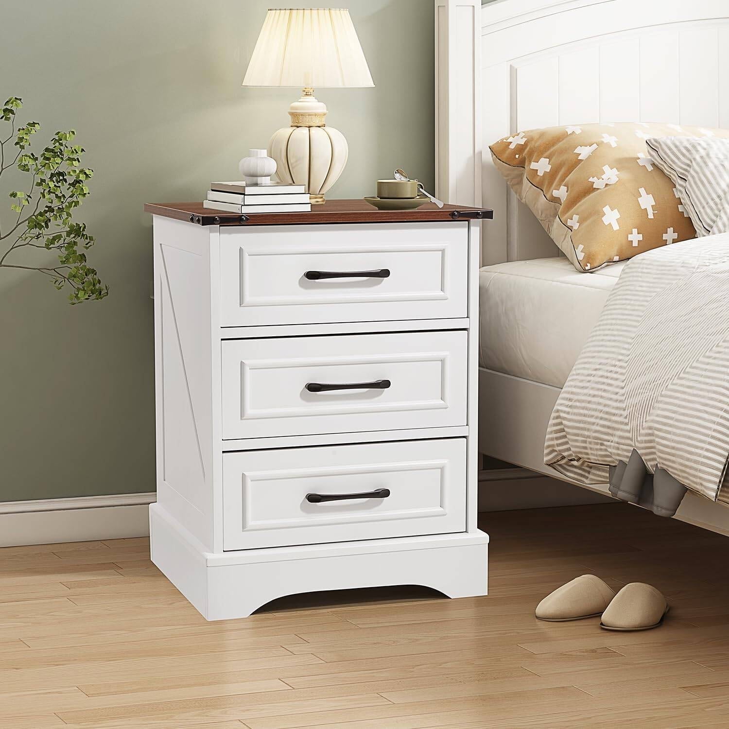 JOMEED Farmhouse Nightstands with Charging Station, Tall End Table with ...