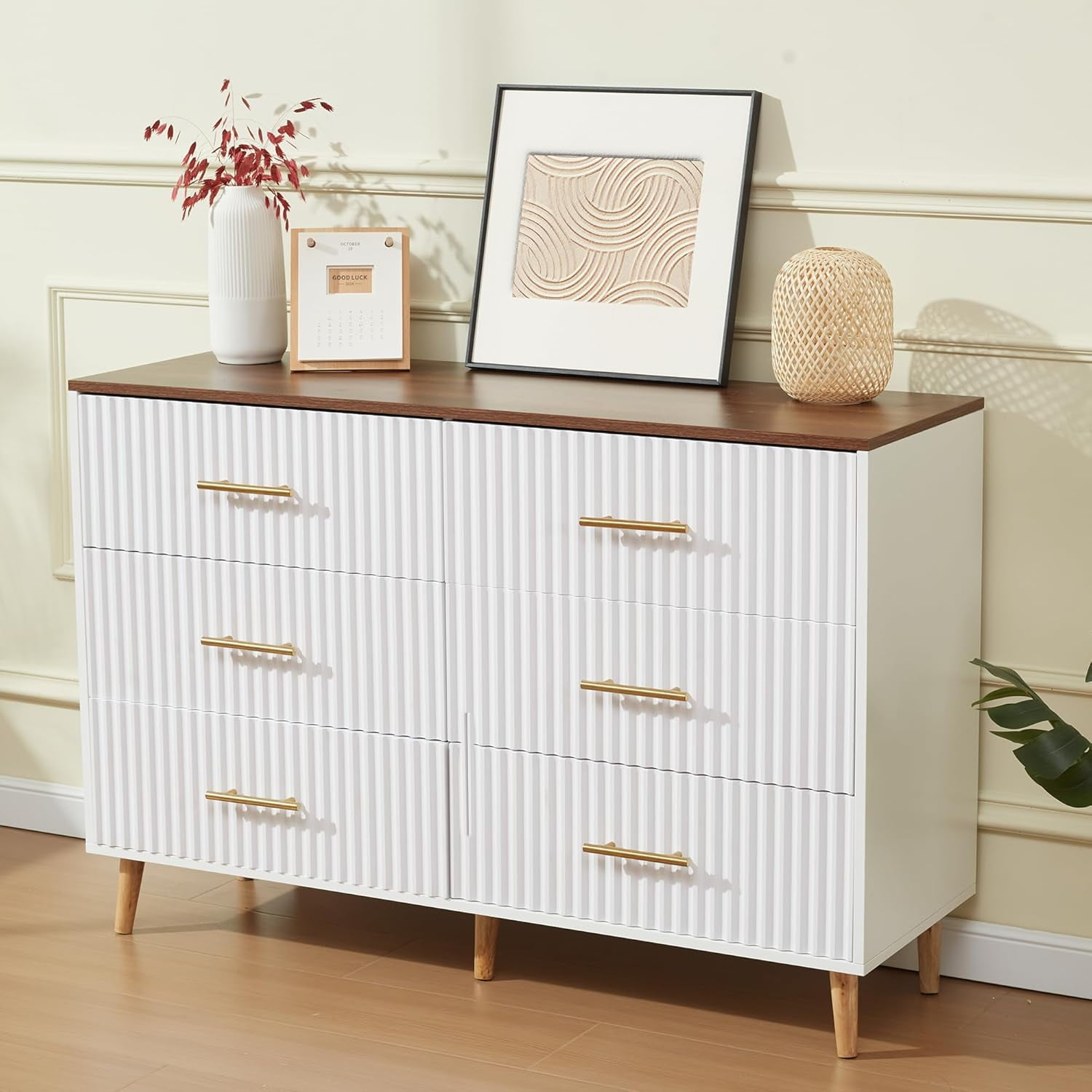 JOMEED Fluted 6 Drawers Dresser for Bedroom 48" Wide Modern Chest of ...