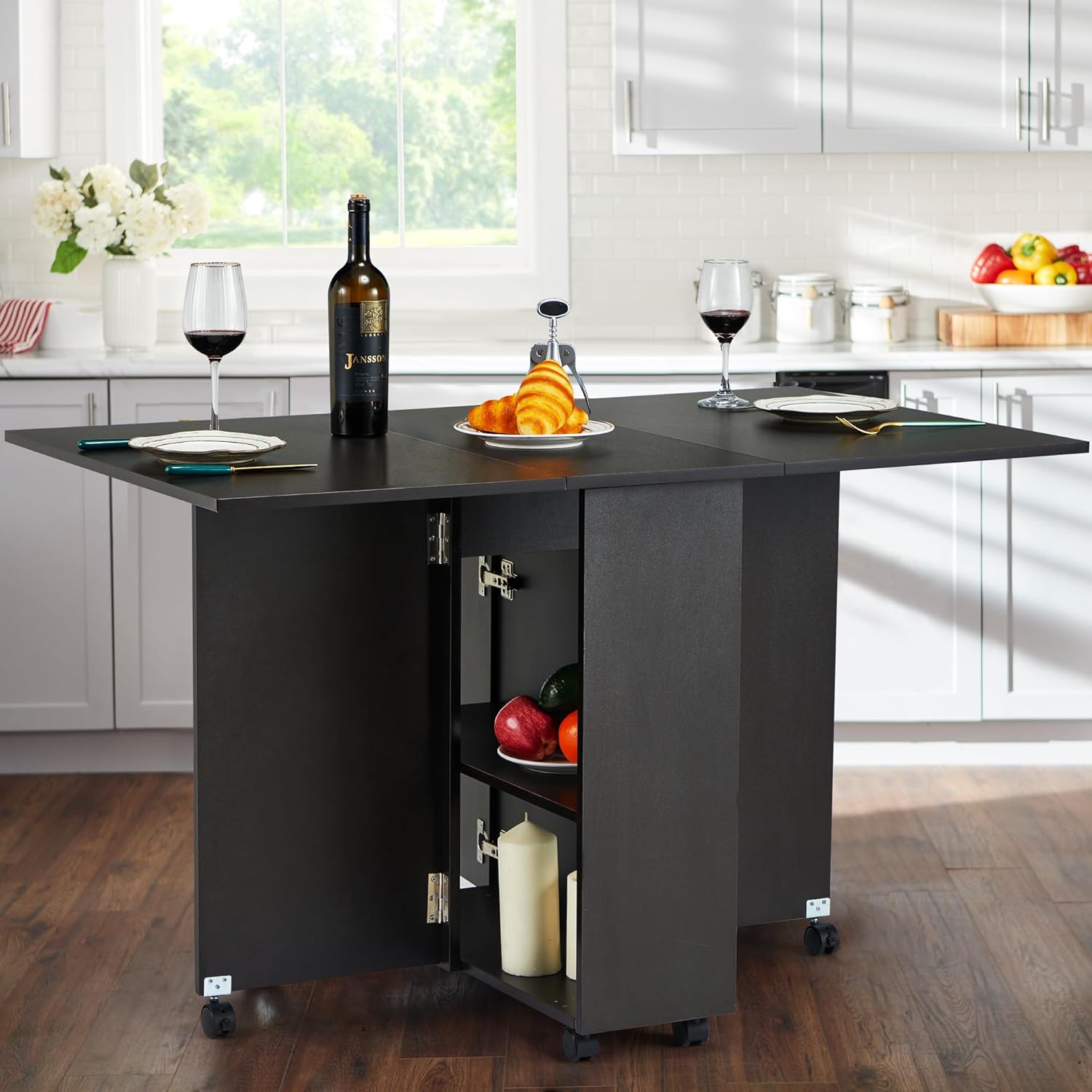 JOMEED Folding Dining Table with 6 Lockable Wheels, Draw and Shelves ...