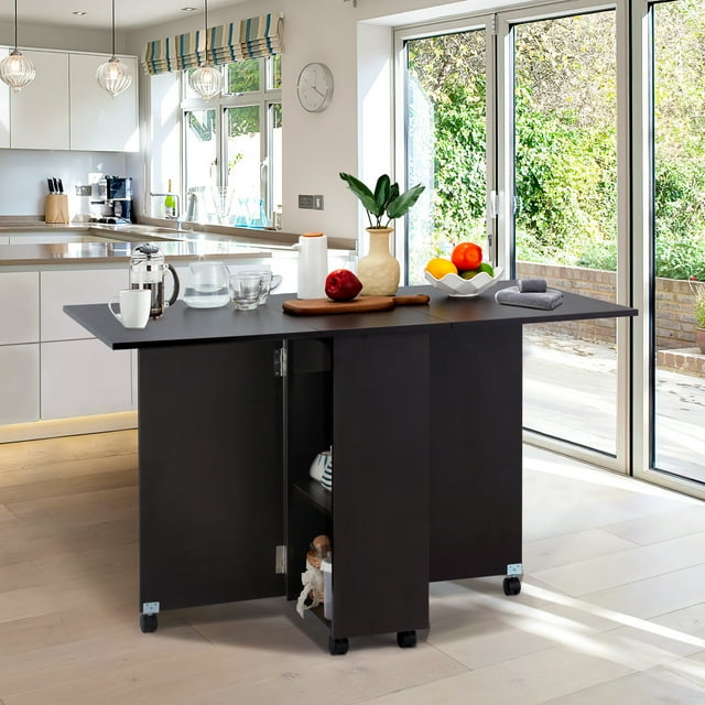 JOMEED Foldable Dining Table with Wheels, Drawer, Storage Shelf for ...