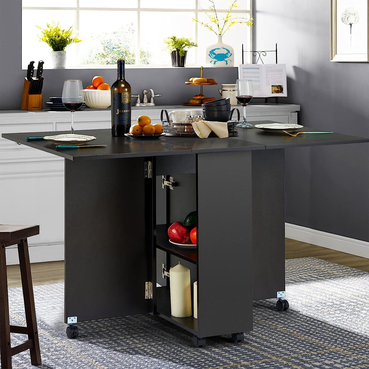 JOMEED Folding Dining Table with 6 Wheels, Drawer and 2-layer Storage ...