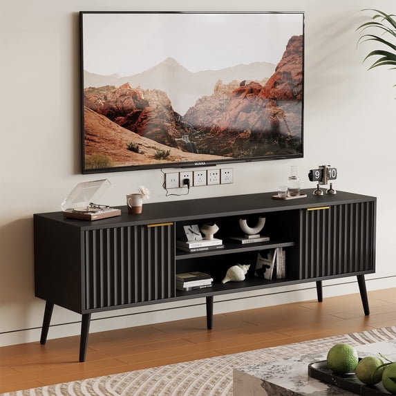 JOMEED Mid Century Modern TV Stand, Wood Wave-Panel TV Cabinet with ...
