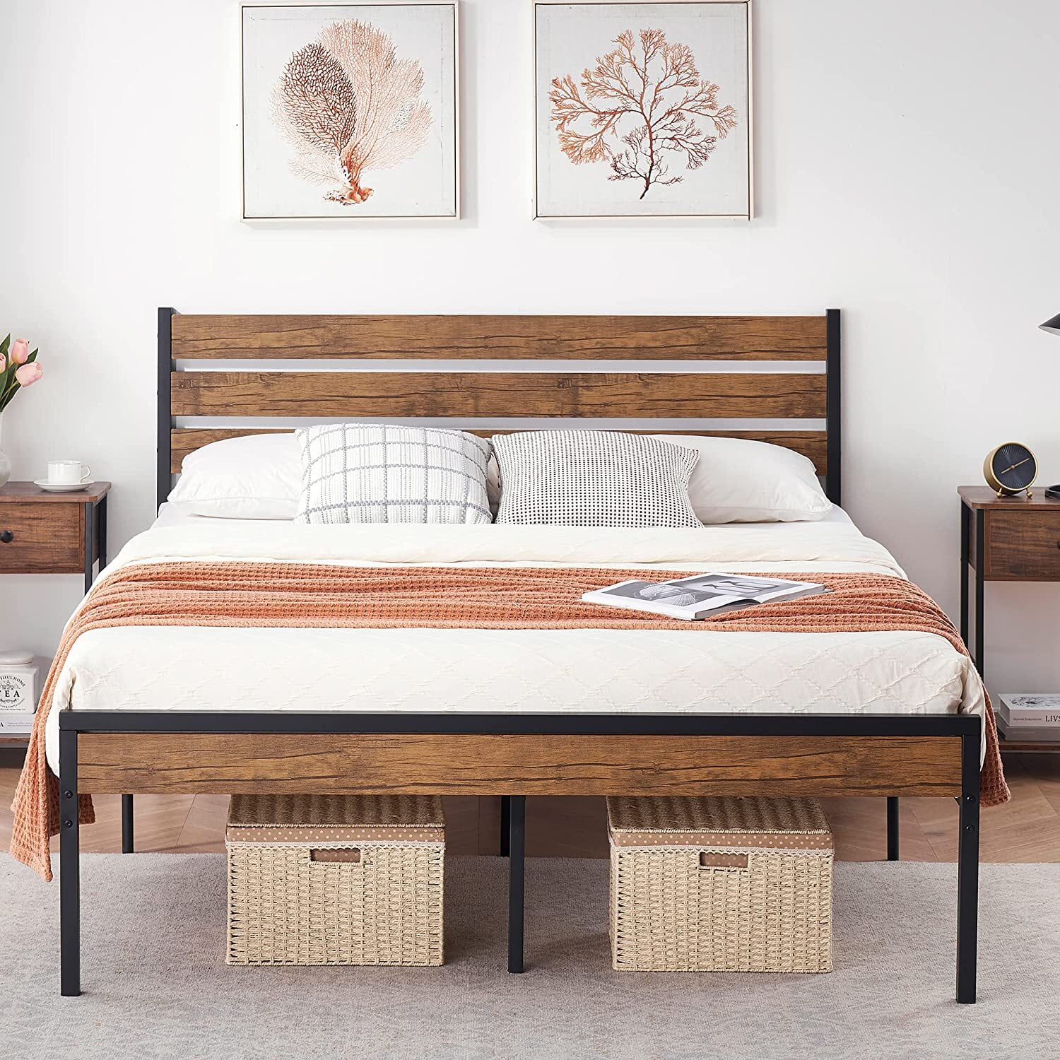 JOMILLY Metal Bed Frame with Storage, Sturdy Platform Bed Frame with ...