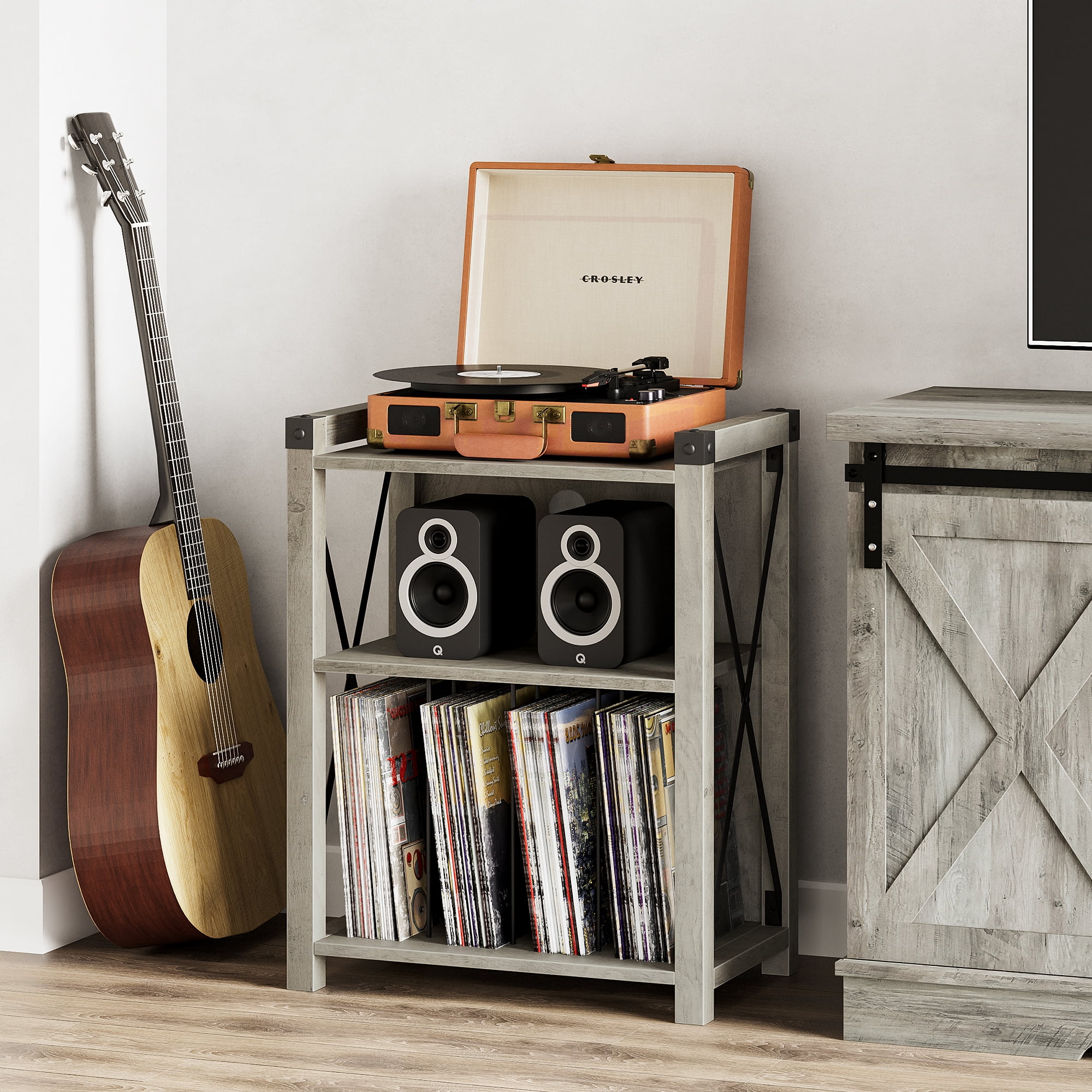 JOMILLY Record Player Stand with Storage, Farmhouse Wooden Turntable ...