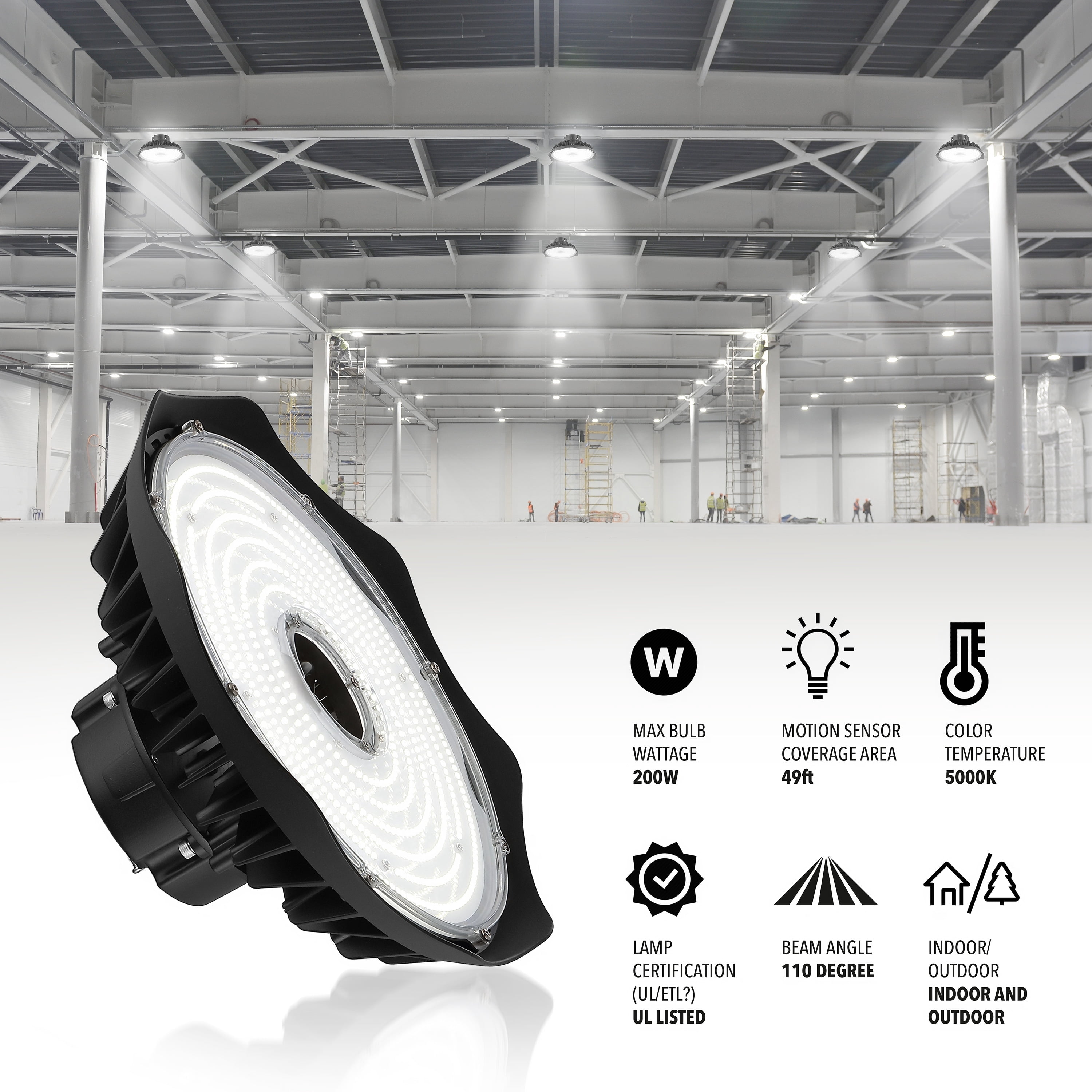 JONATHAN Y 12 in. 200-Watt Integrated LED Motion Sensor High Bay Indoor ...