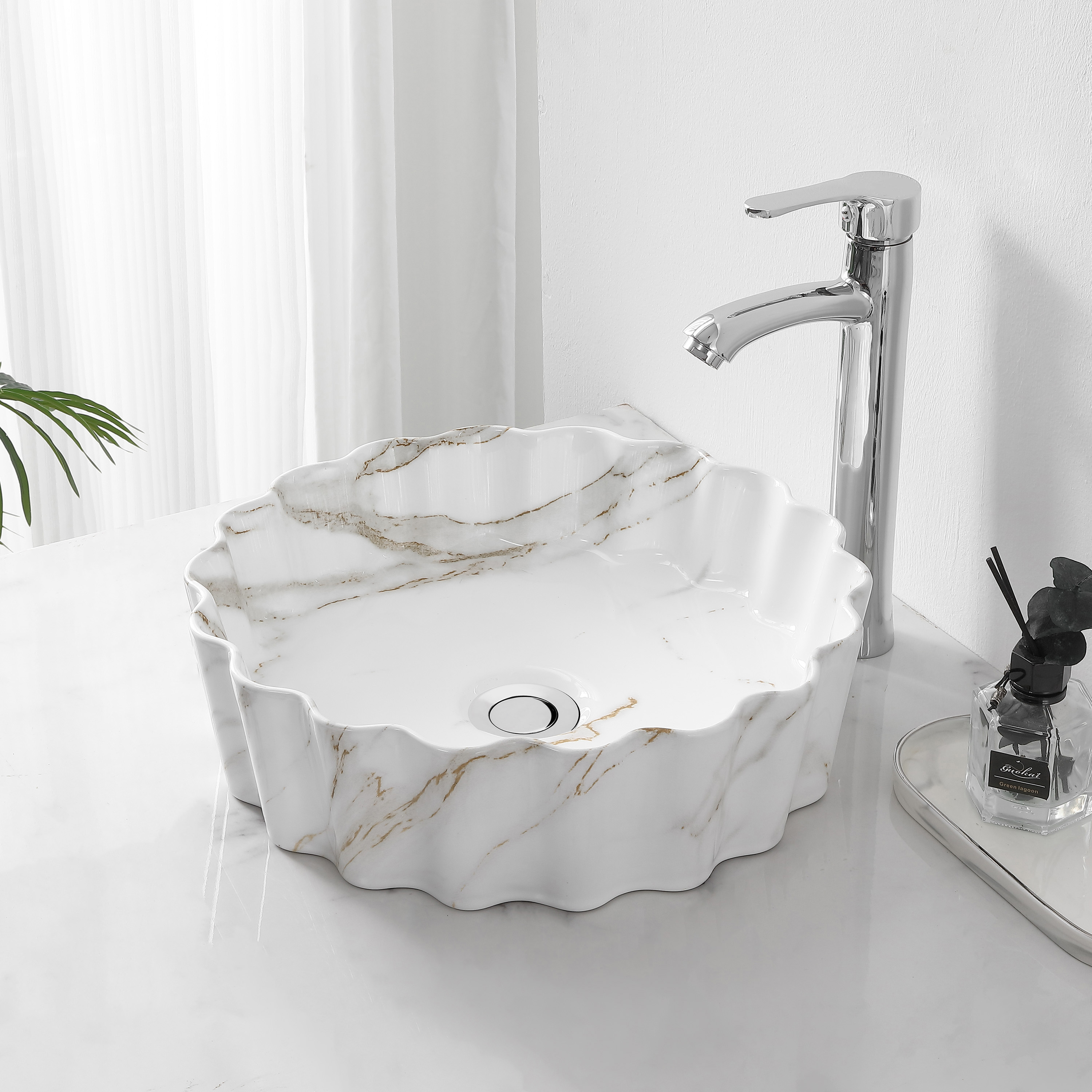 JONATHAN Y 15" Round Bathroom Vessel Sink, White Marble Finish Ceramic ...