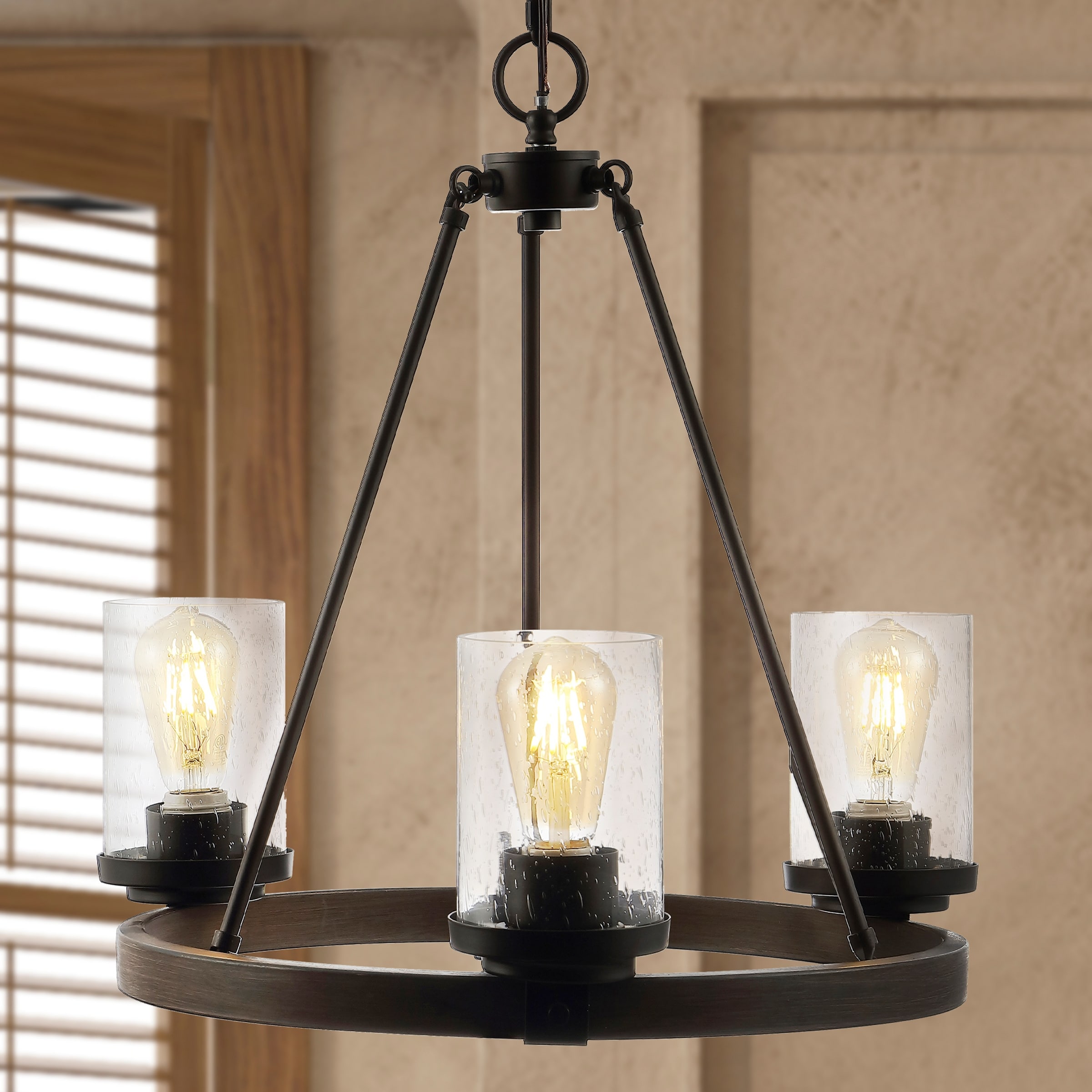 JONATHAN Y Athos Ring Iron/Seeded Glass Bohemian Cottae LED Chandelier ...