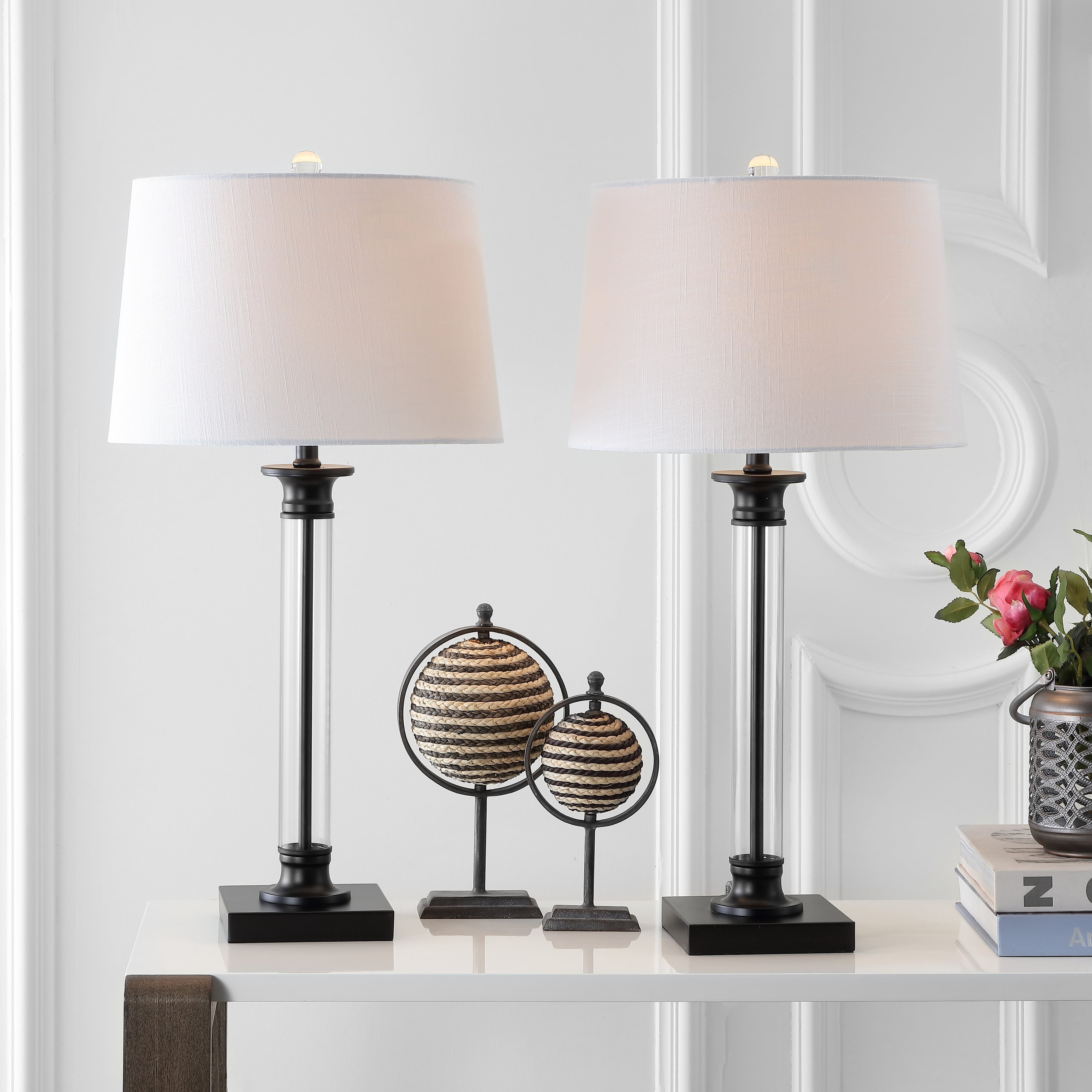 JONATHAN Y Fraser 30" Glass and Metal LED Table Lamp, Black/Clear (Set ...