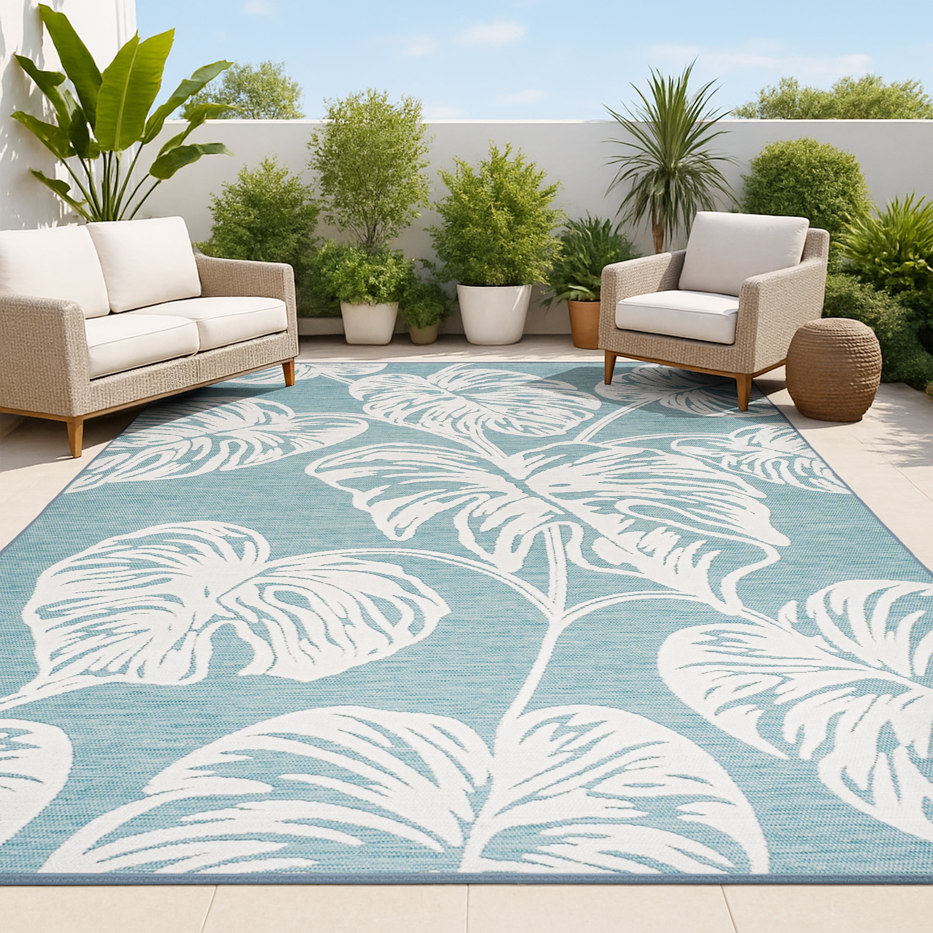 JONATHAN Y HAWAII 3 x 5 Area Rug, Tobago Two-Tone Monstera Leaf - Blue ...