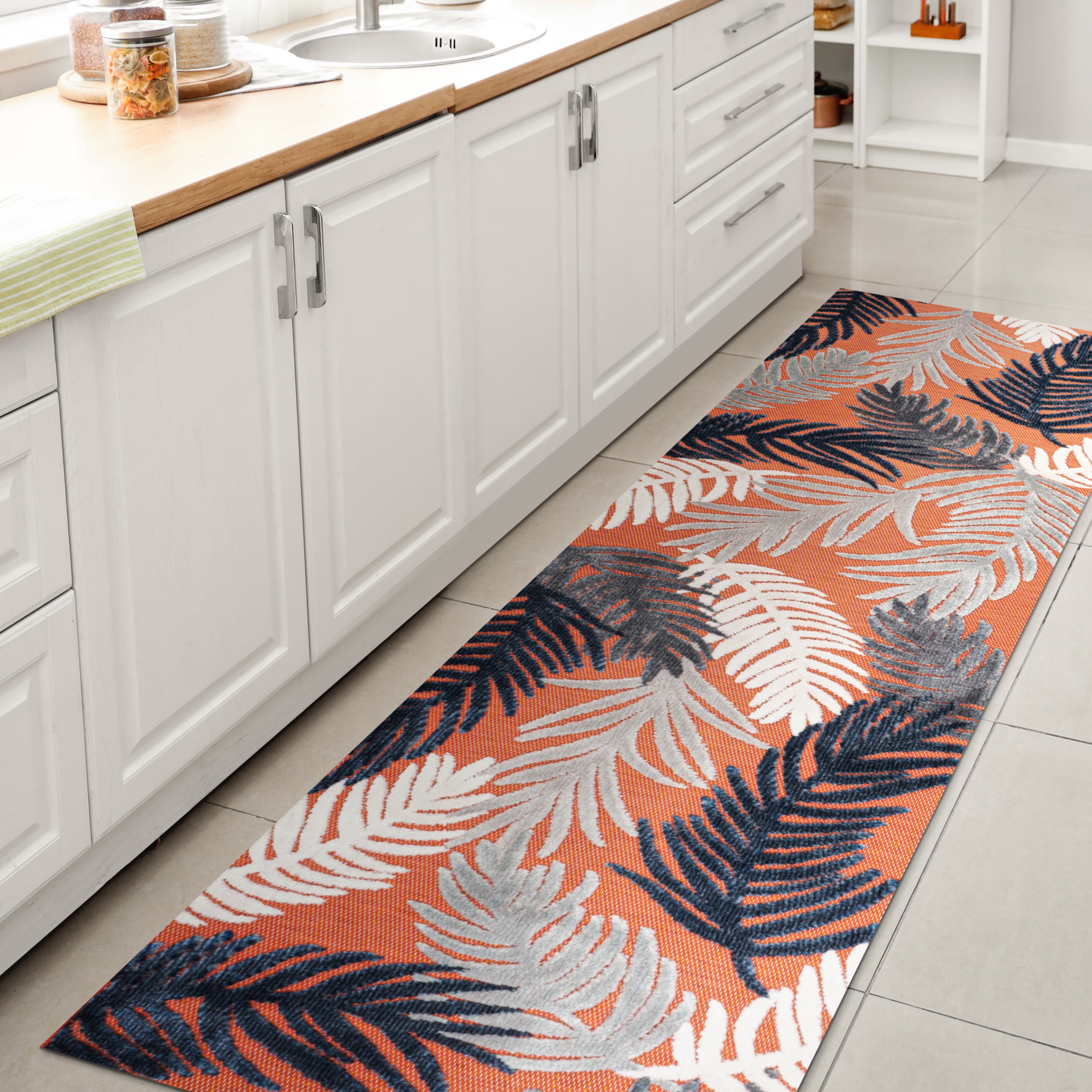 JONATHAN Y HWC101A-28 Montego High-Low Tropical Palm Orange/Navy/Ivory ...