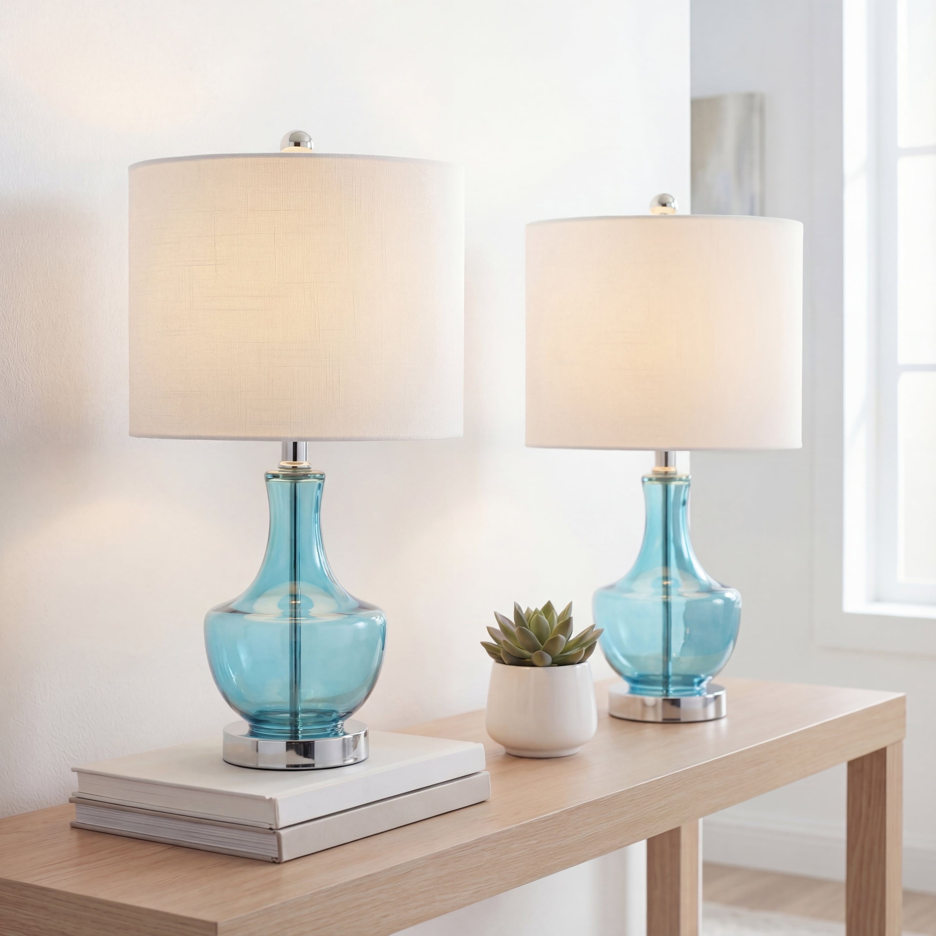 JONATHAN Y Colette 20" Mini Glass Table Lamp, Amalfi Blue (Set of 2 ...