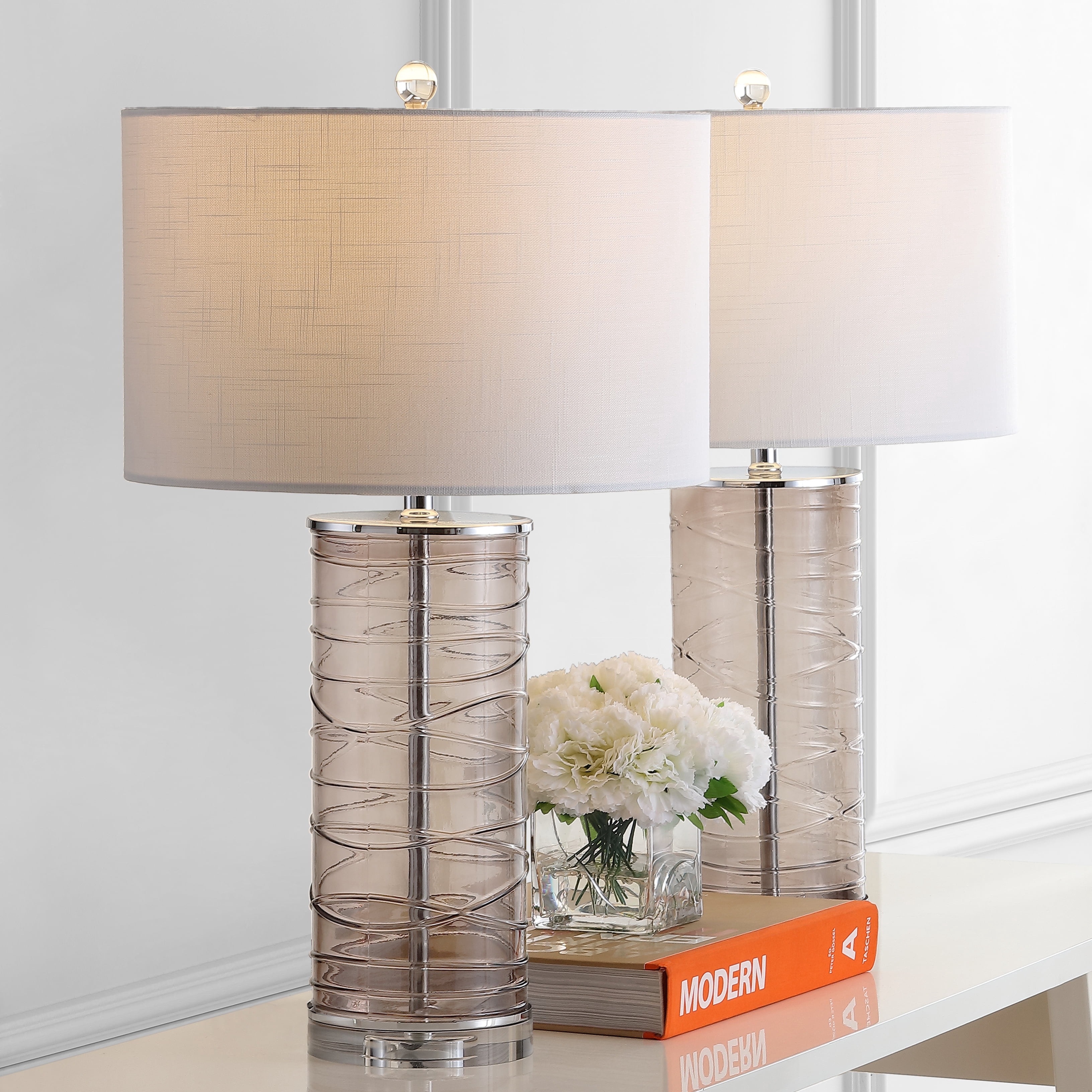 JONATHAN Y Cole 27.5" Modern Fused Glass Cylinder LED Table Lamp, Smoky ...