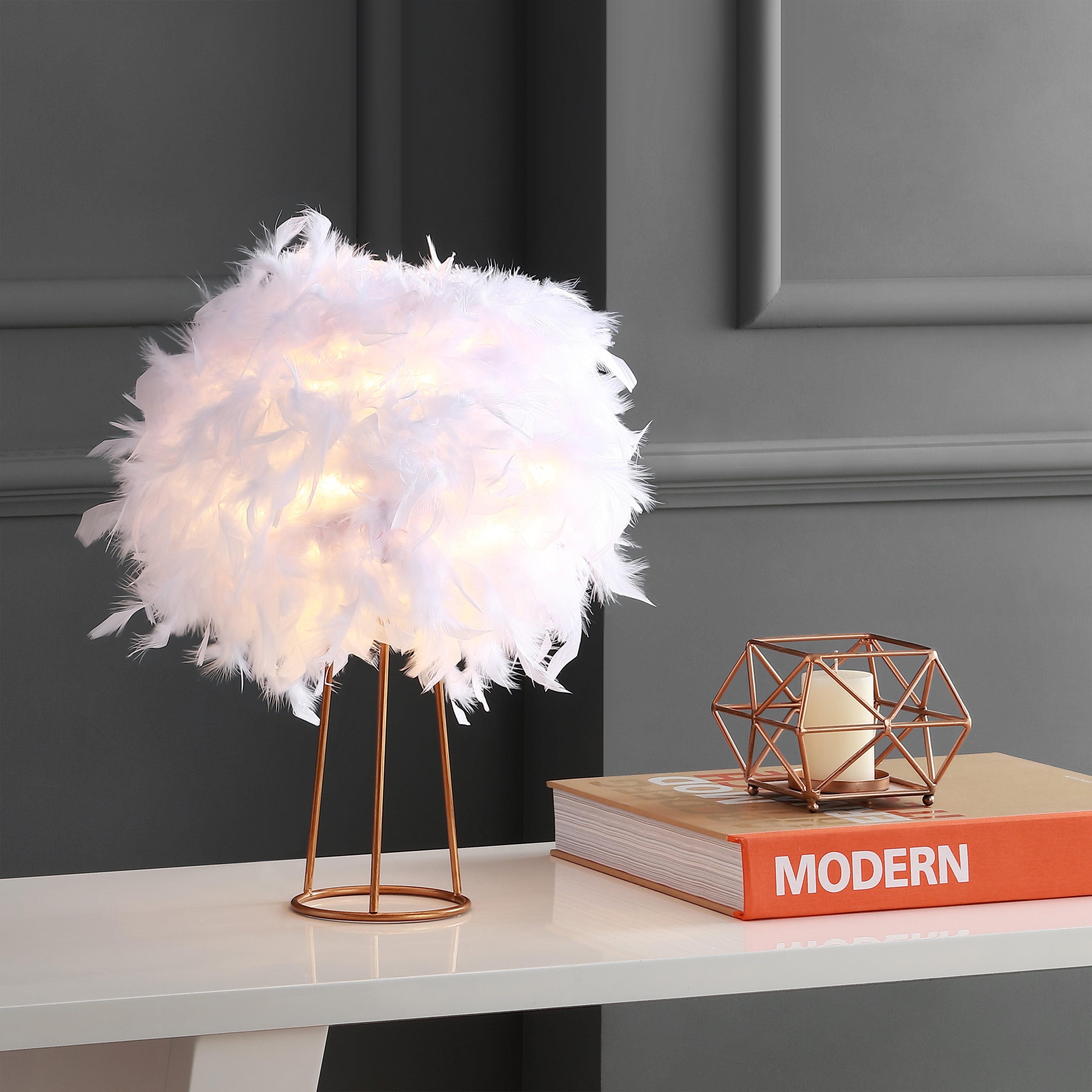 JONATHAN Y Stork 16" Feather Metal LED Table Lamp, White/Gold, JYL9051A ...