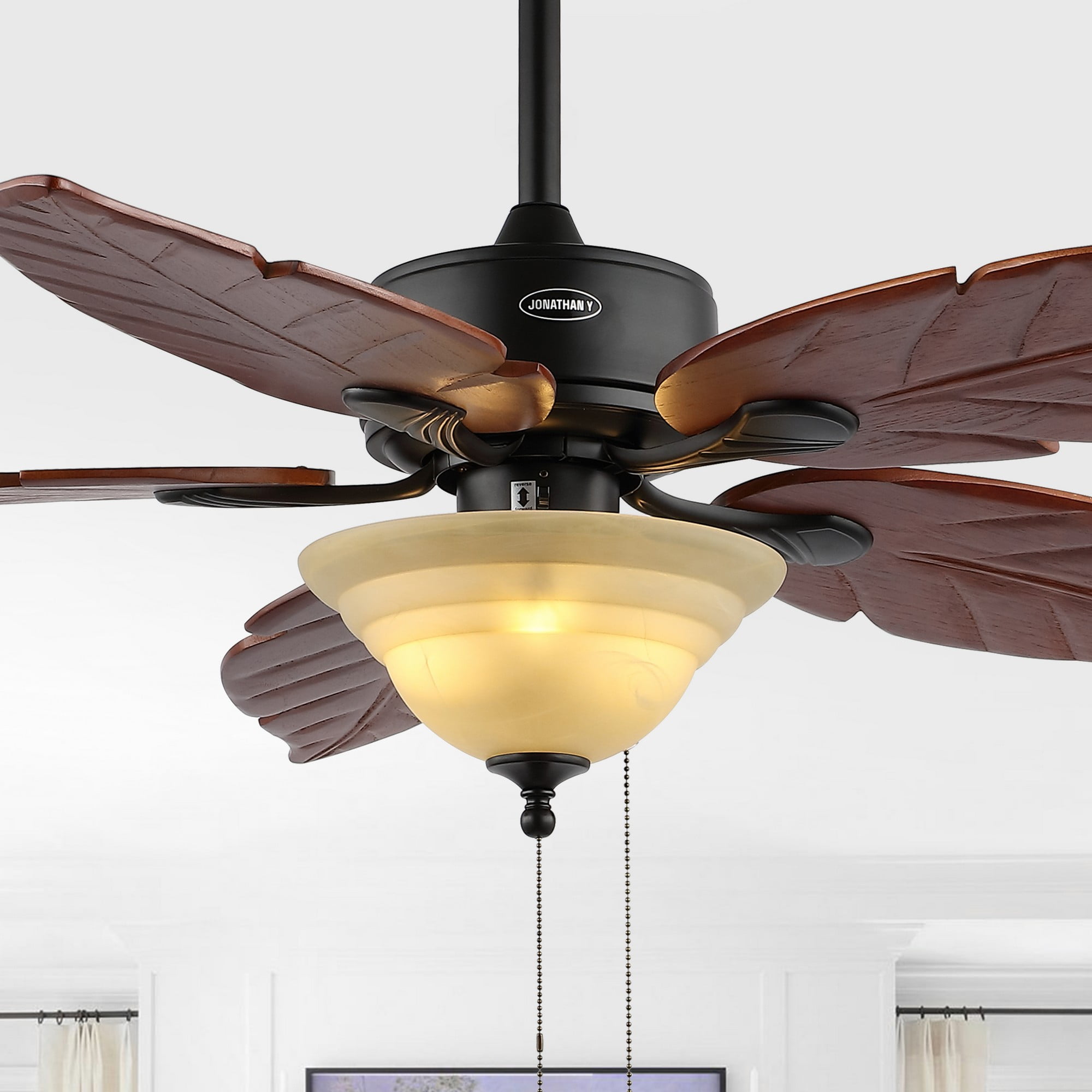 JONATHAN Y Poinciana 52" 3-Light Coastal Bohemian Iron/Wood Palm Leaf ...