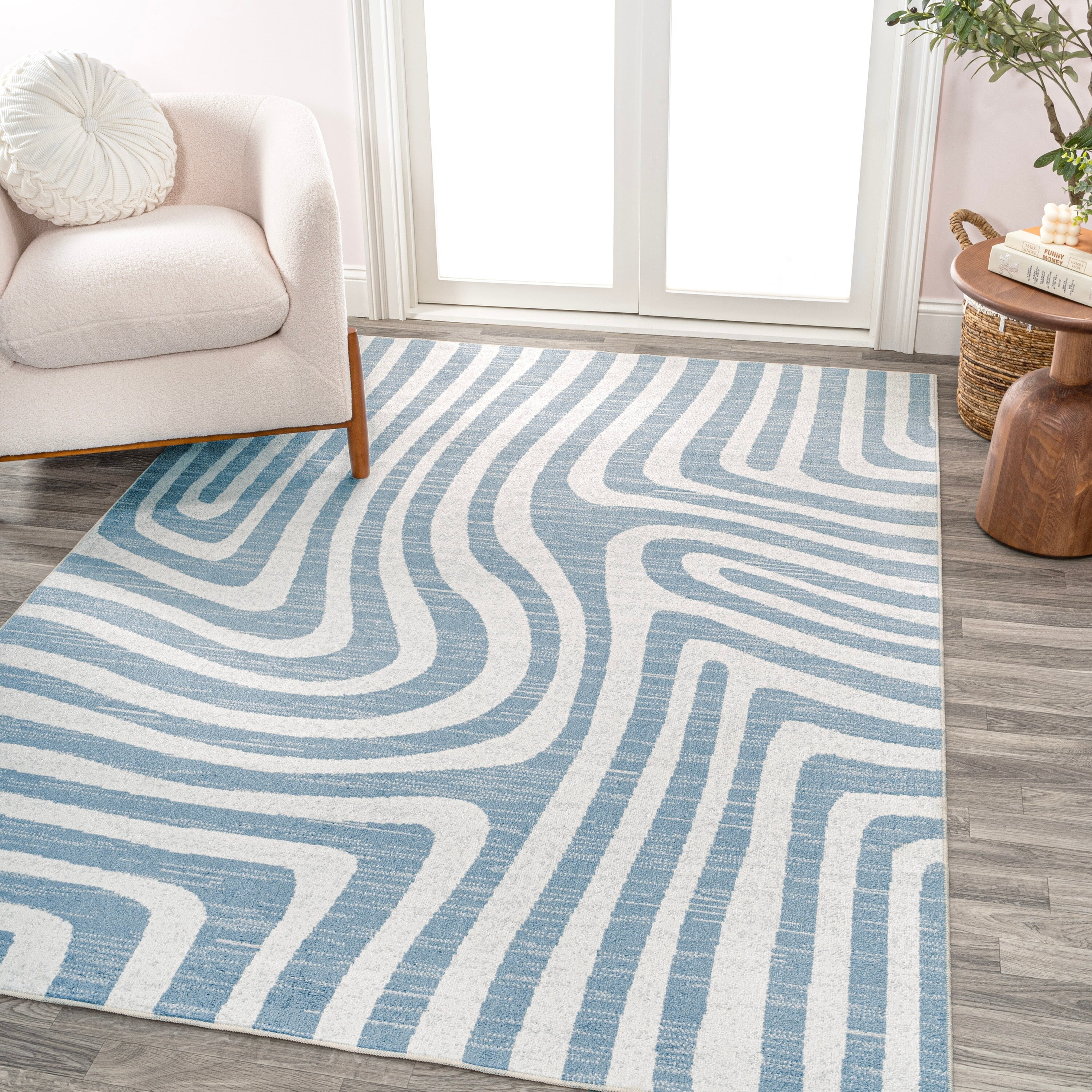 JONATHAN Y Kallax Abstract Two-Tone Low-Pile Machine-Washable Blue/Cream Area Rug 5 X 8 ...