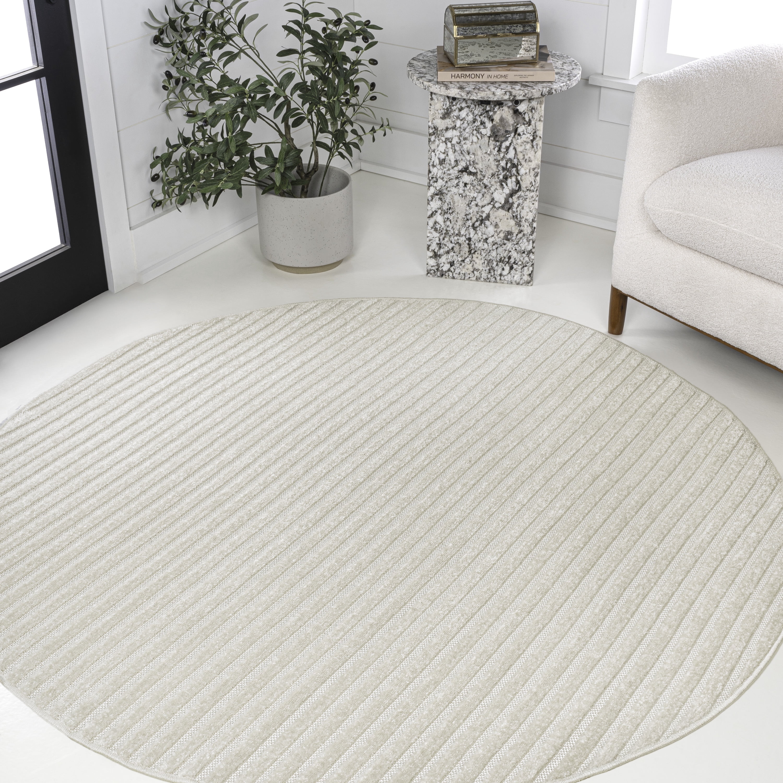 JONATHAN Y SCANDINAVIAN 9' Round Area Rug, Aarhus Minimalist Striped ...