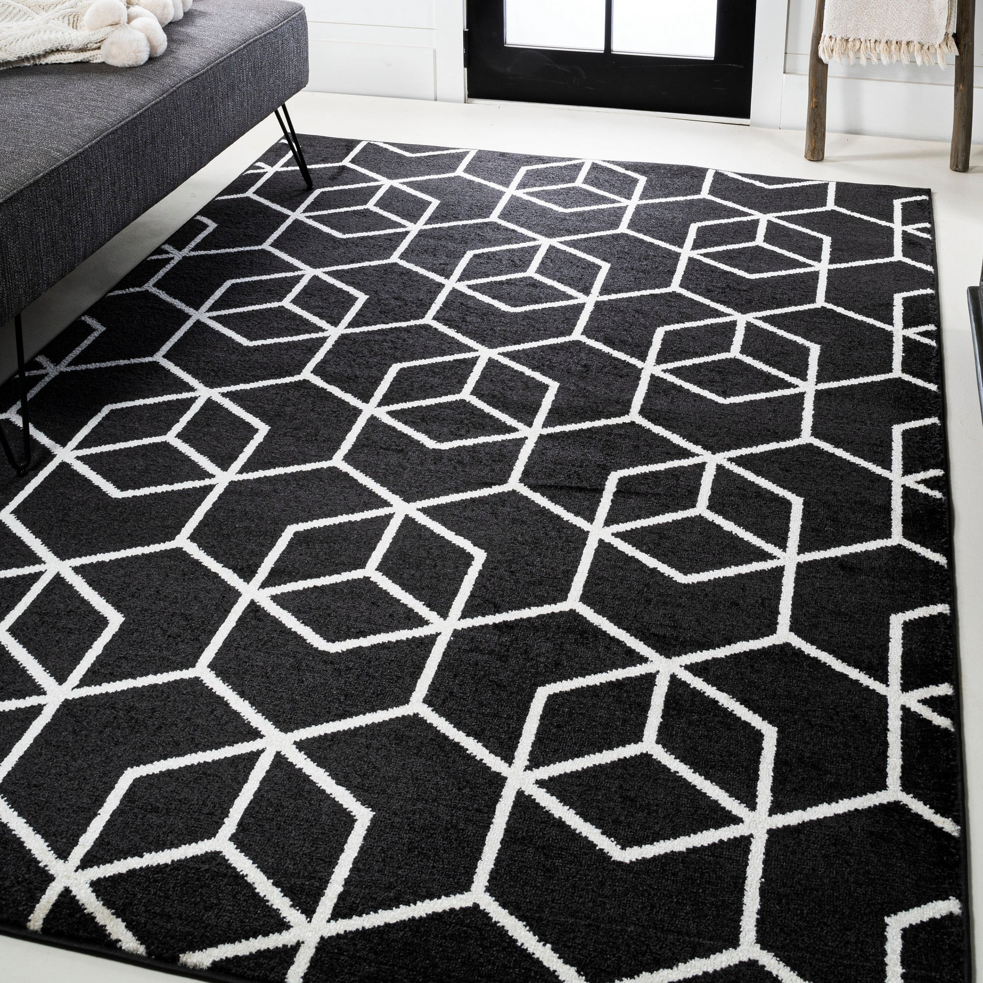 JONATHAN Y SEU101A-5 Tumbling Blocks Modern Geometric Black/White 5 ft ...