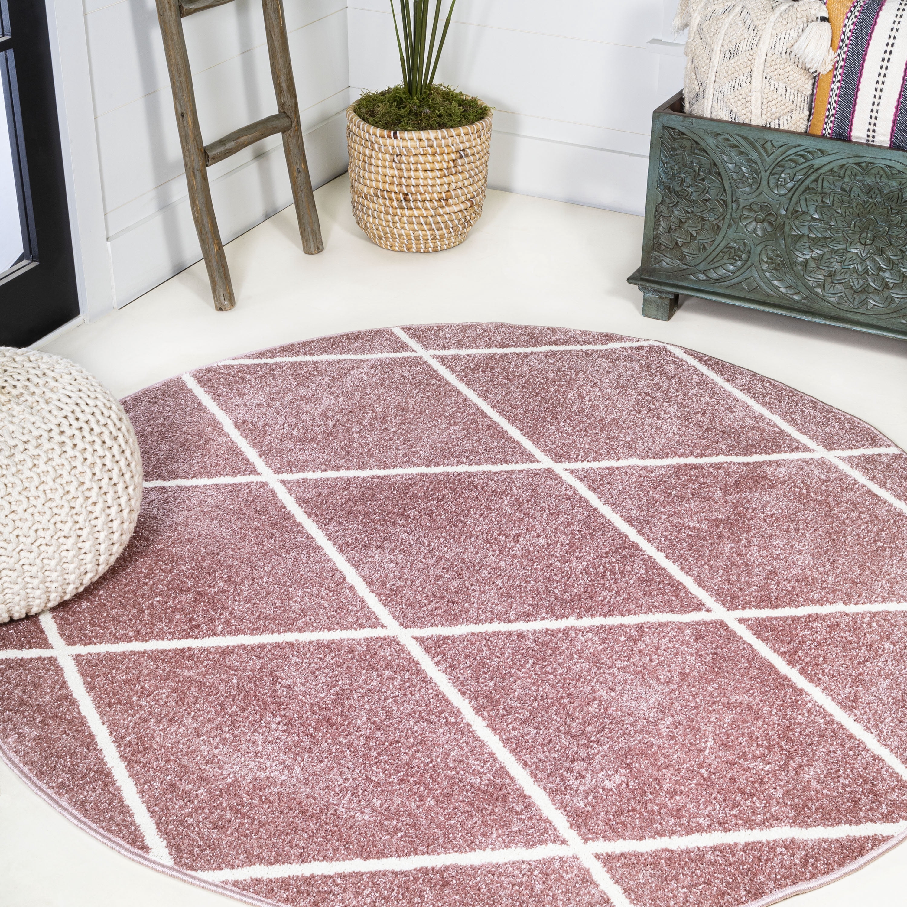 JONATHAN Y SUPERSOFT 5' Round Area Rug, Cole Minimalist Diamond Trellis ...