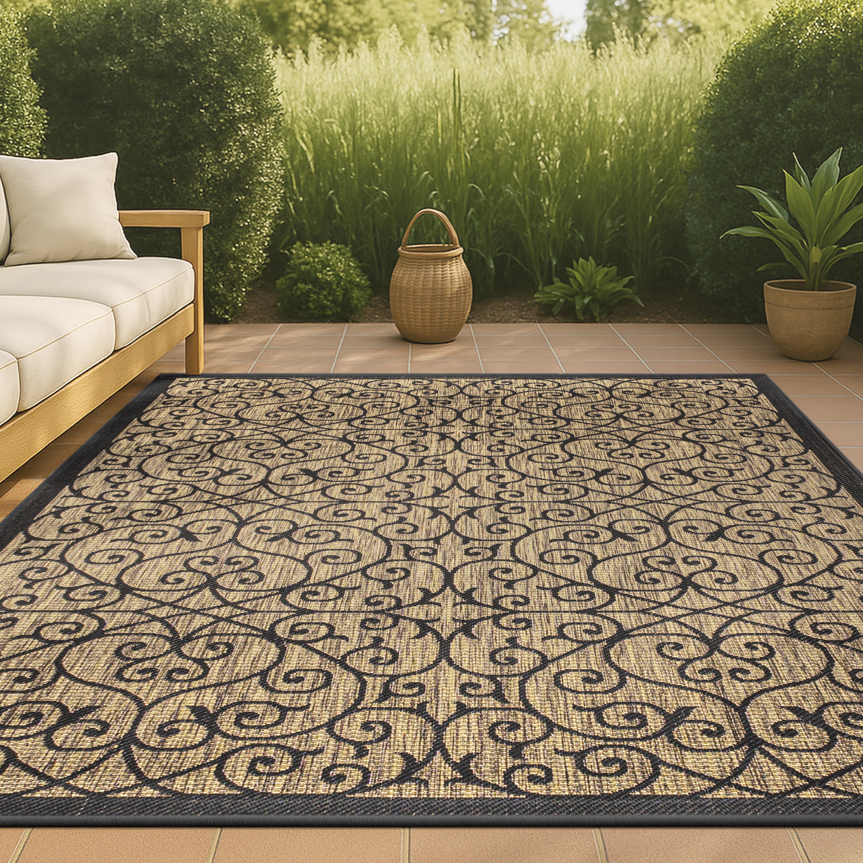 Madrid Vintage Filigree Indoor/Outdoor Patio Rug, Black/Khaki, 4 ft. x ...