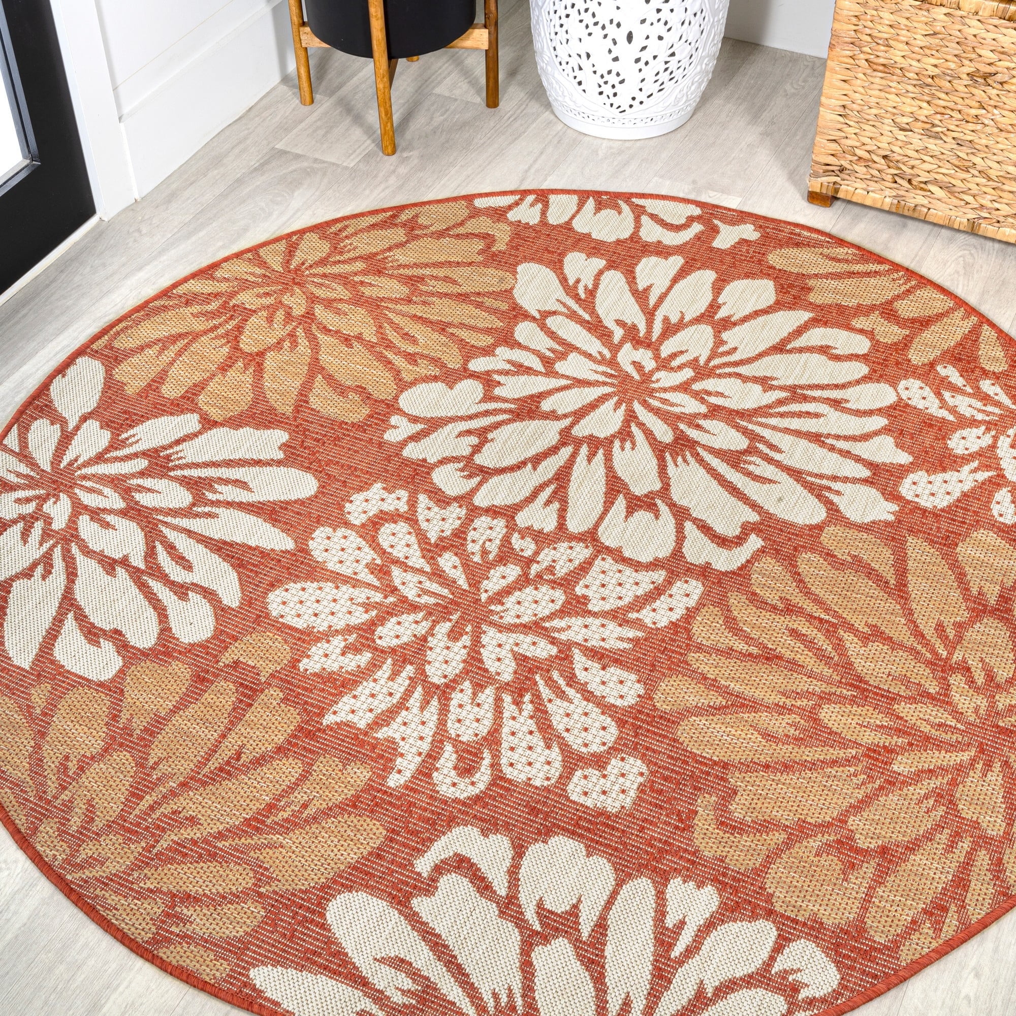 JONATHAN Y SANTA MONICA 5' Round Area Rug, Zinnia Floral Textured Weave ...