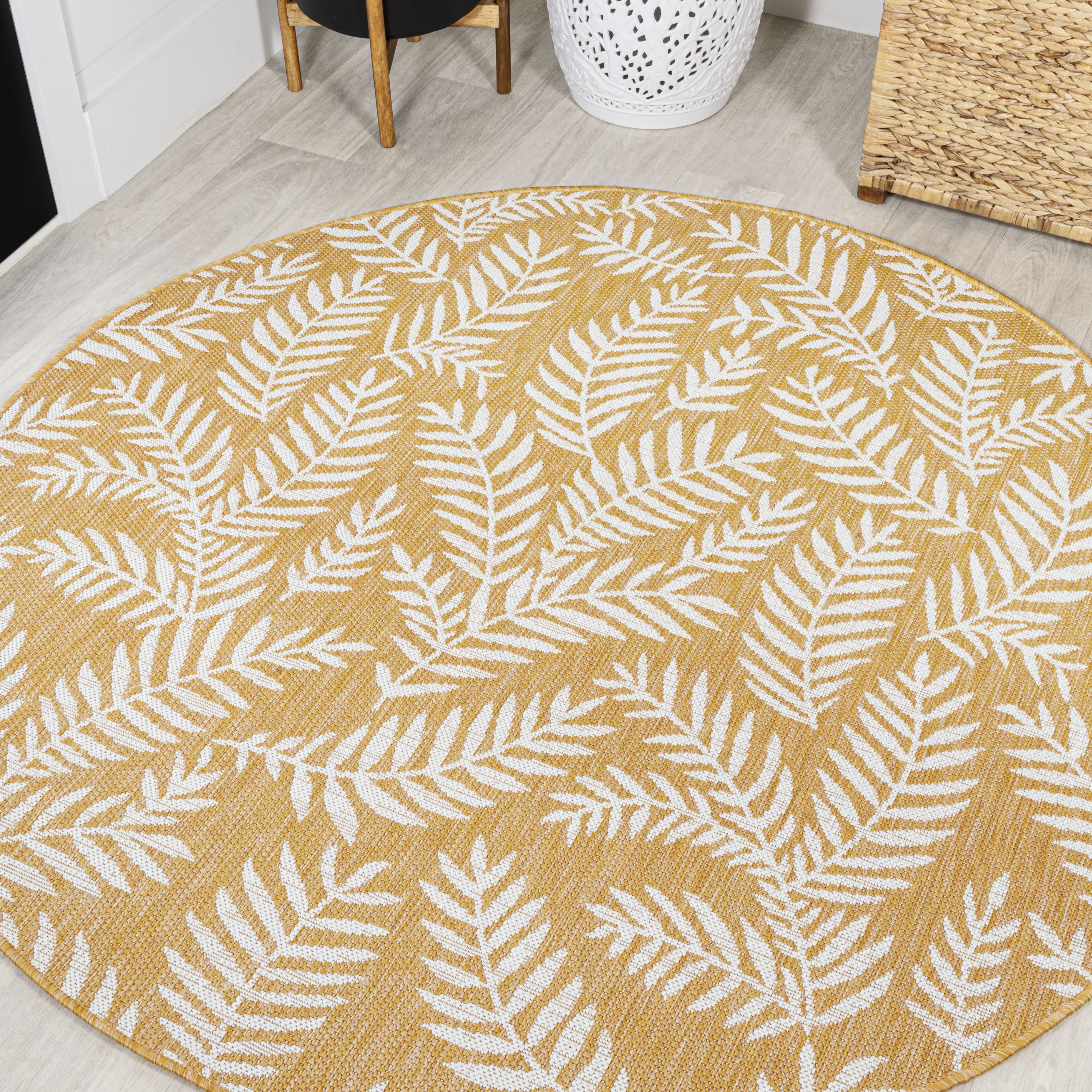 JONATHAN Y SANTA MONICA 5' Round Area Rug, Nevis Palm Frond - Yellow ...