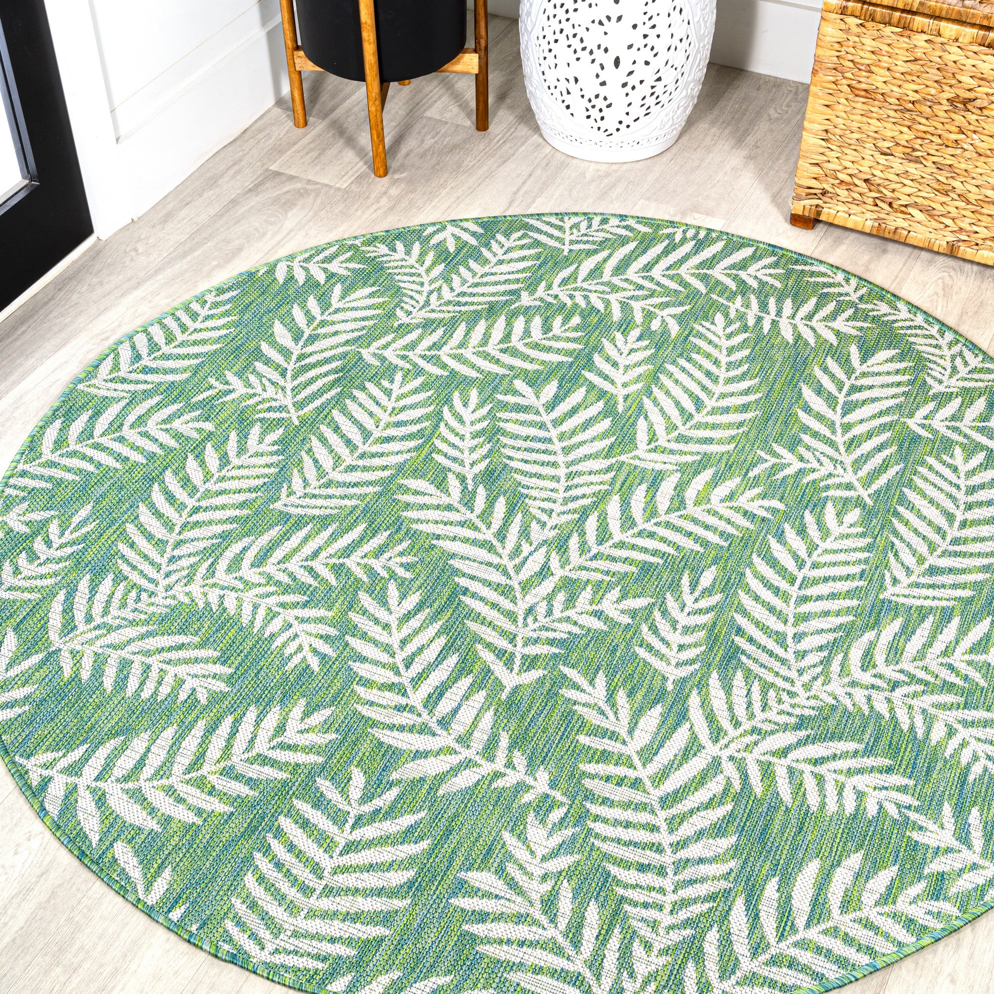 JONATHAN Y SANTA MONICA 5' Round Area Rug, Nevis Palm Frond - Cream ...